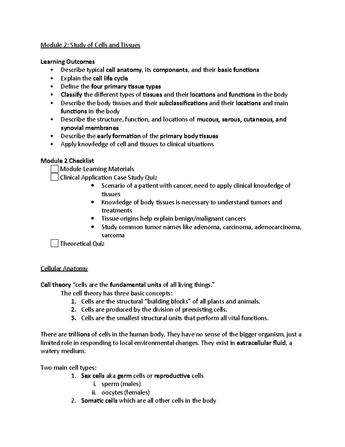 Module 2 Notes - Module 2: Study of Cells and Tissues Learning Outcomes ...