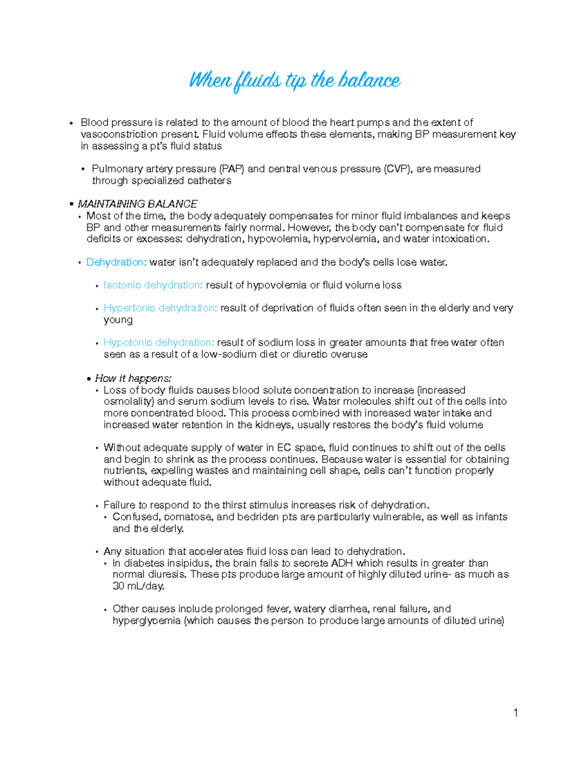 Fluids - Exam 2 - When fluids tip the balance Blood pressure is related ...
