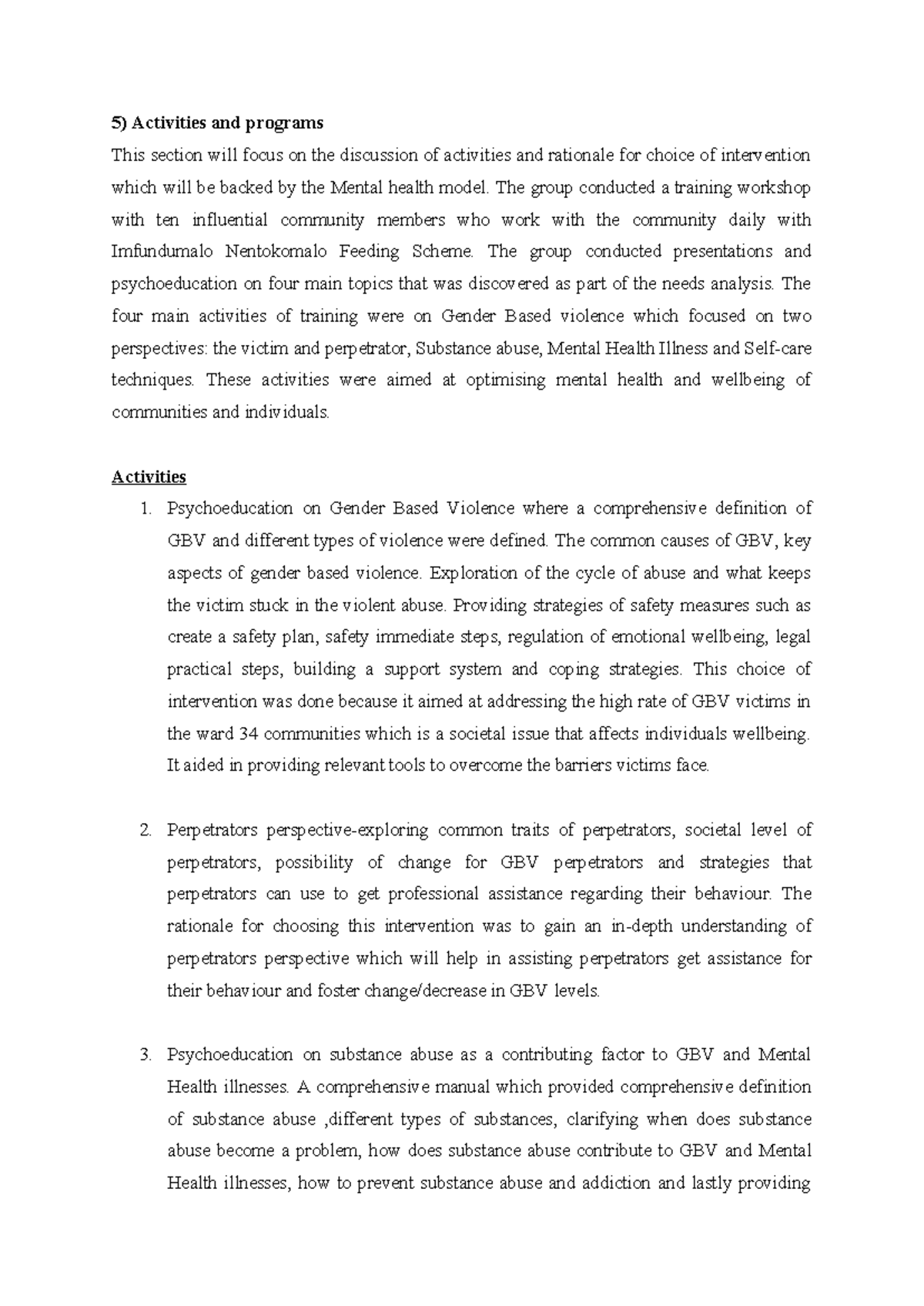 Discussion of activities and rationale for choice of intervention - The ...