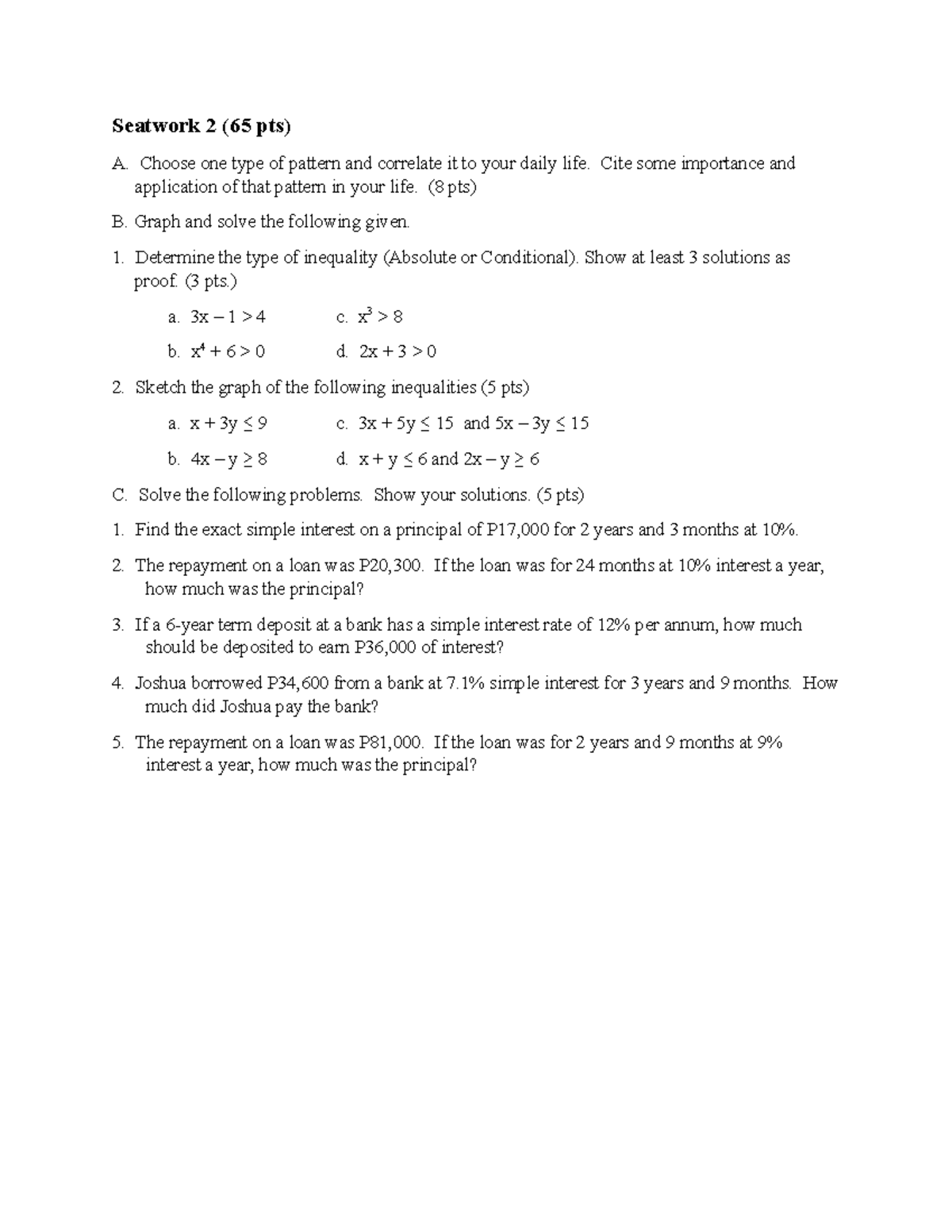 Seat work 2(Geometric Designs, Inequalitites, Simple Interest ...
