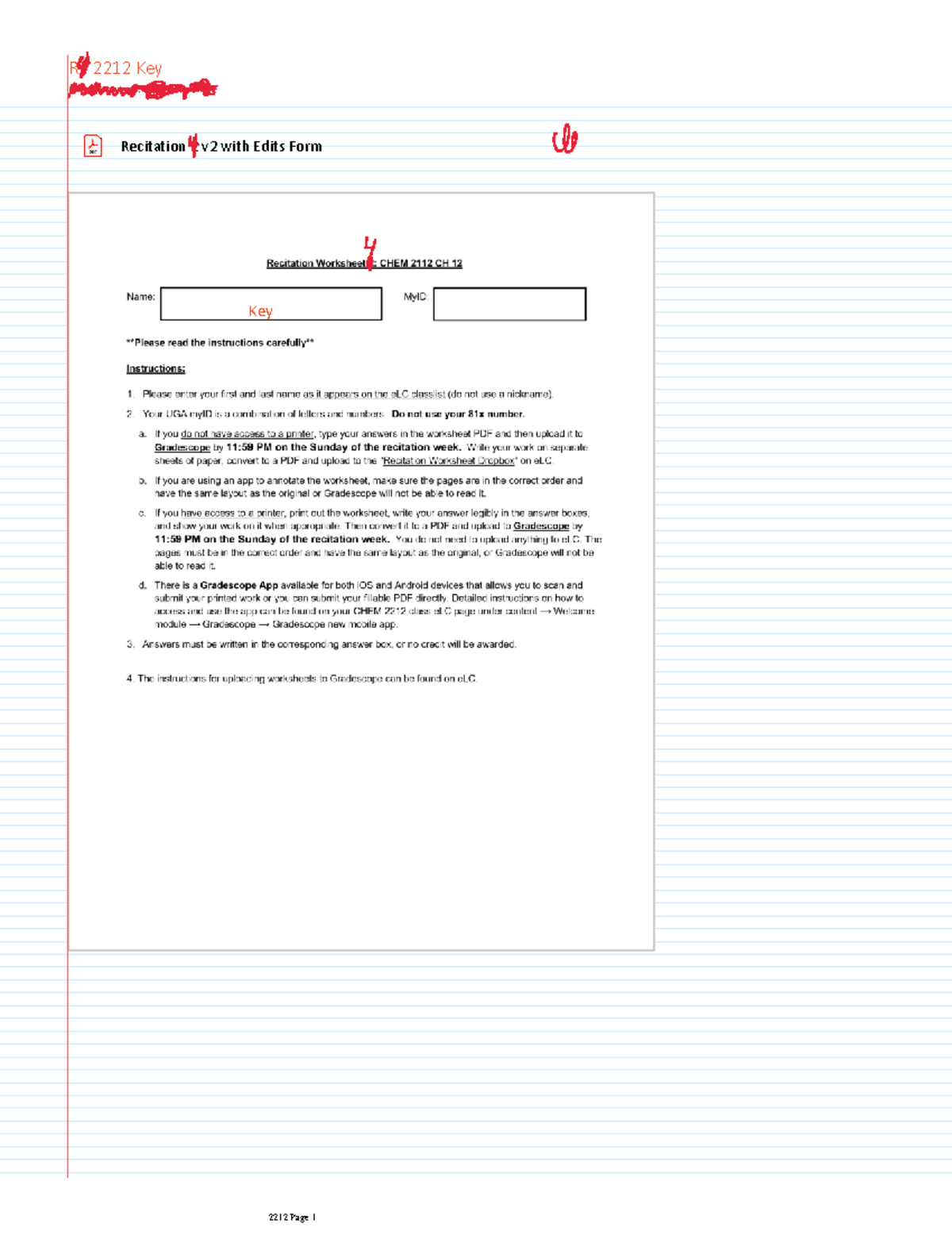 CHEM 2212 Worksheet 4 KEY1 - CHEM 2212 - Recitation 2 v2 with Edits ...