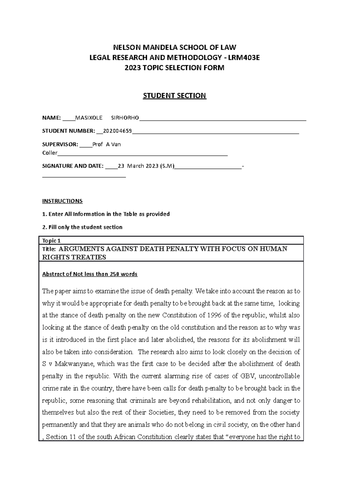 2023 Topic Selection FORM LRM403E - NELSON MANDELA SCHOOL OF LAW LEGAL ...