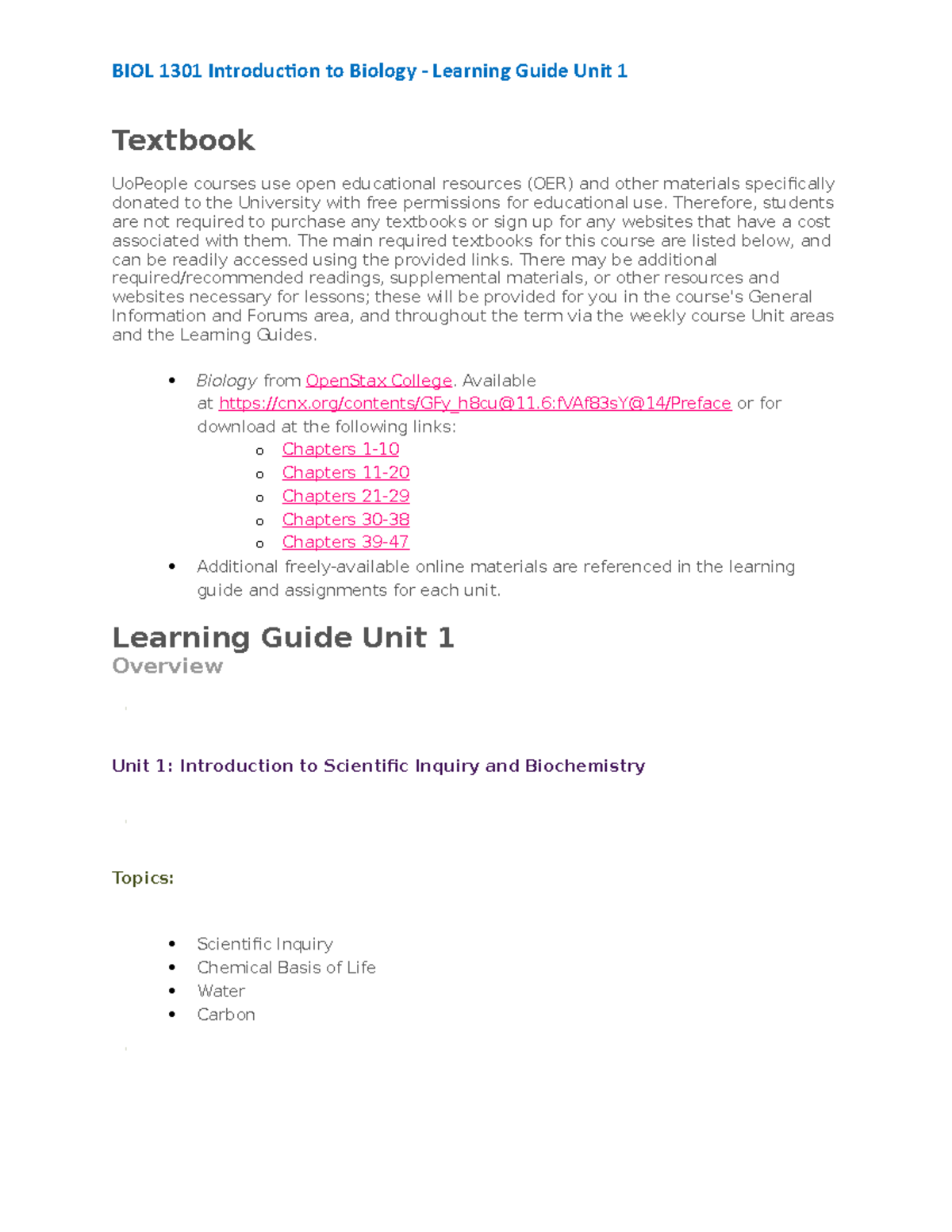 BIOL 1301 - Learning Guide 1 - Textbook UoPeople courses use open ...