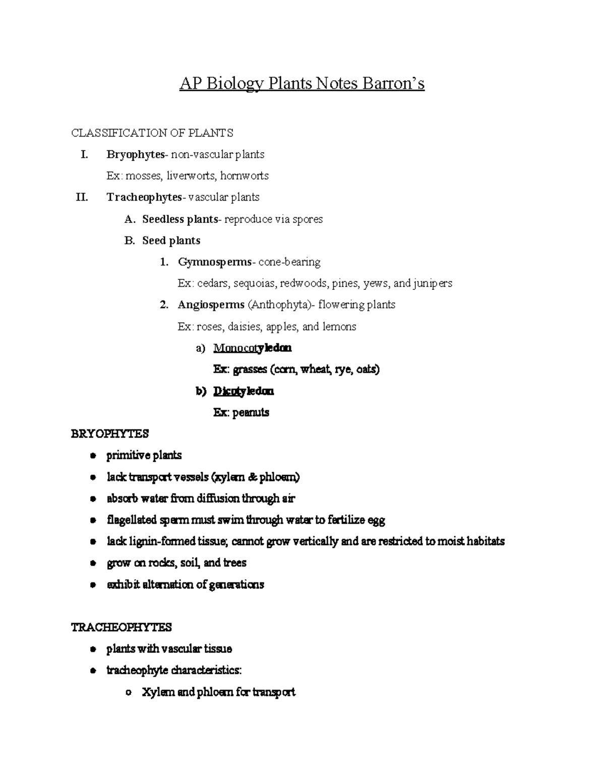 Plant Descriptions - AP Biology Plants Notes Barron’s CLASSIFICATION OF ...