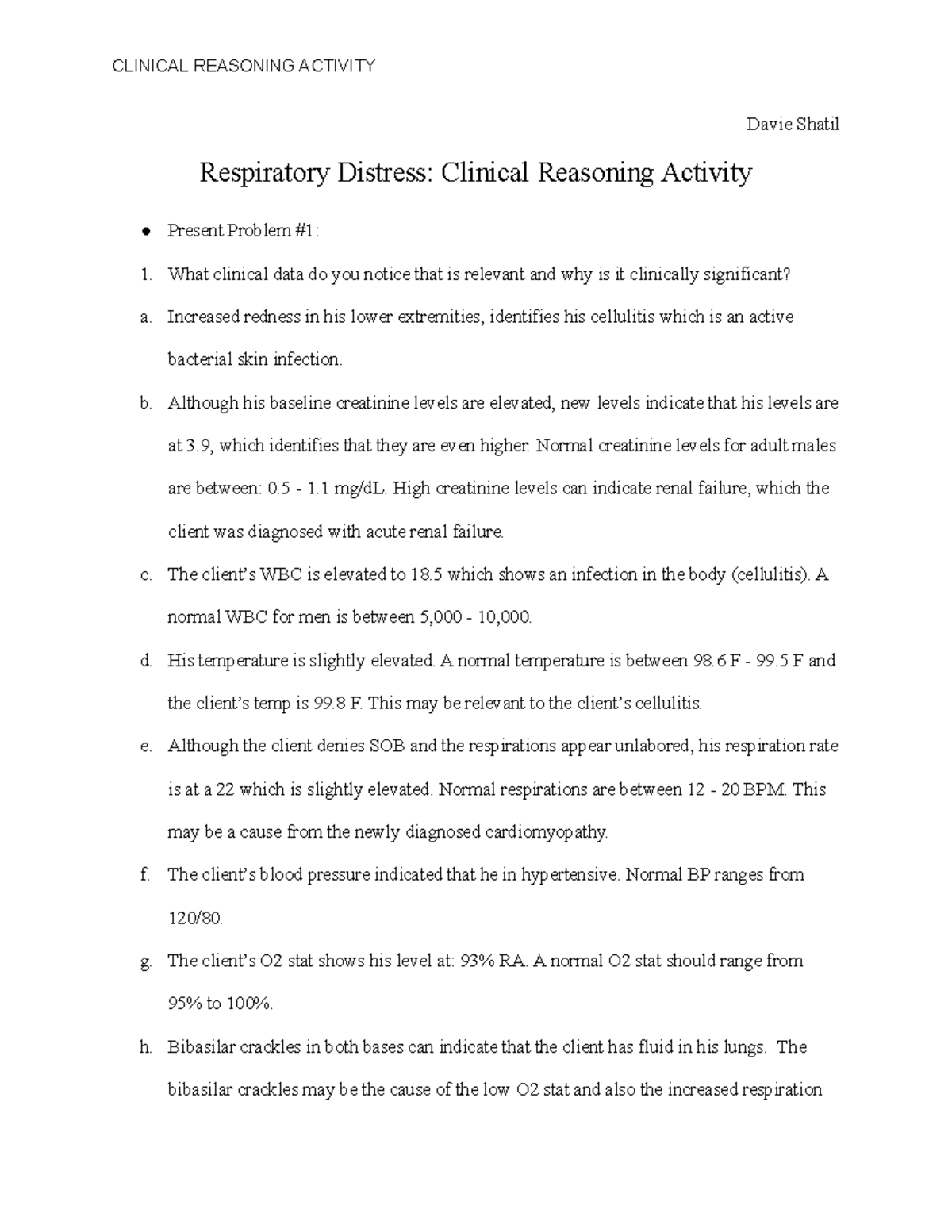 Respiratory Distress Clinical Reasoning Activity - Davie Shatil ...
