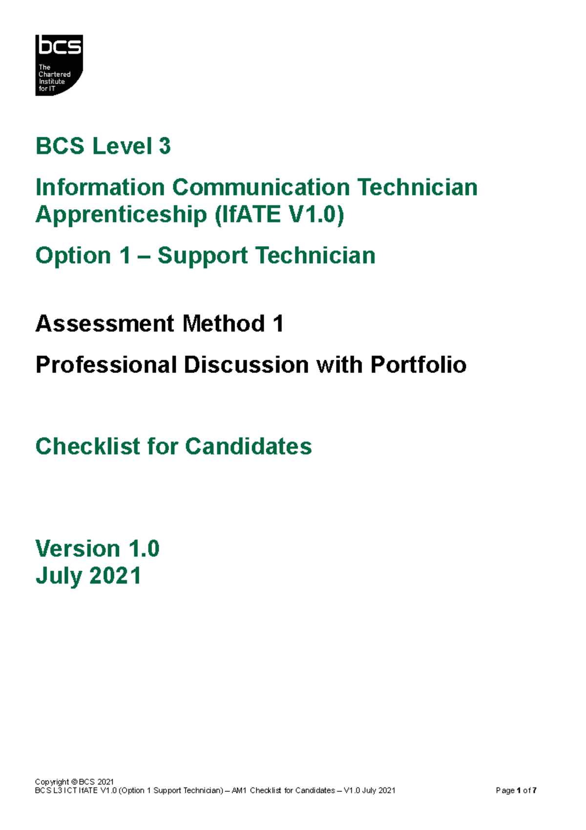 BCS L3 ICT If ATE V1.0 - Option 1 Support Technician Route - Portfolio ...