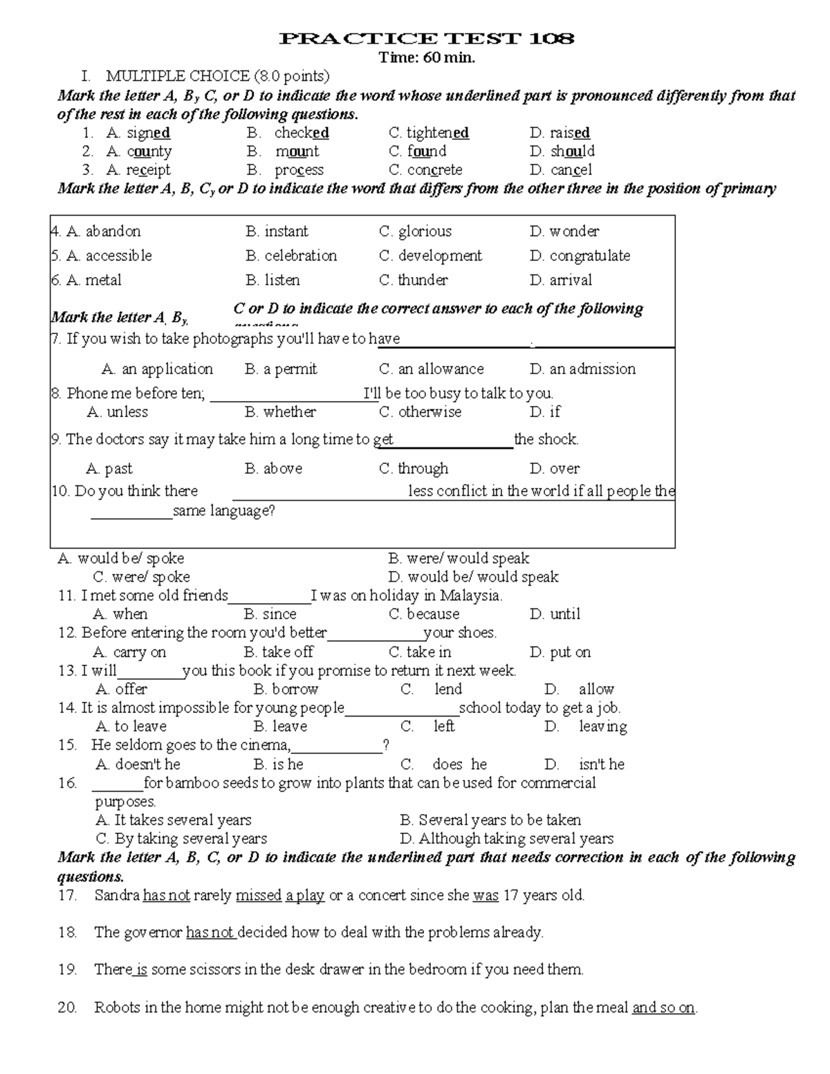 Practice TEST 108 - Test 98 3 - PRACTICE TEST 108 Time: 60 min. I ...