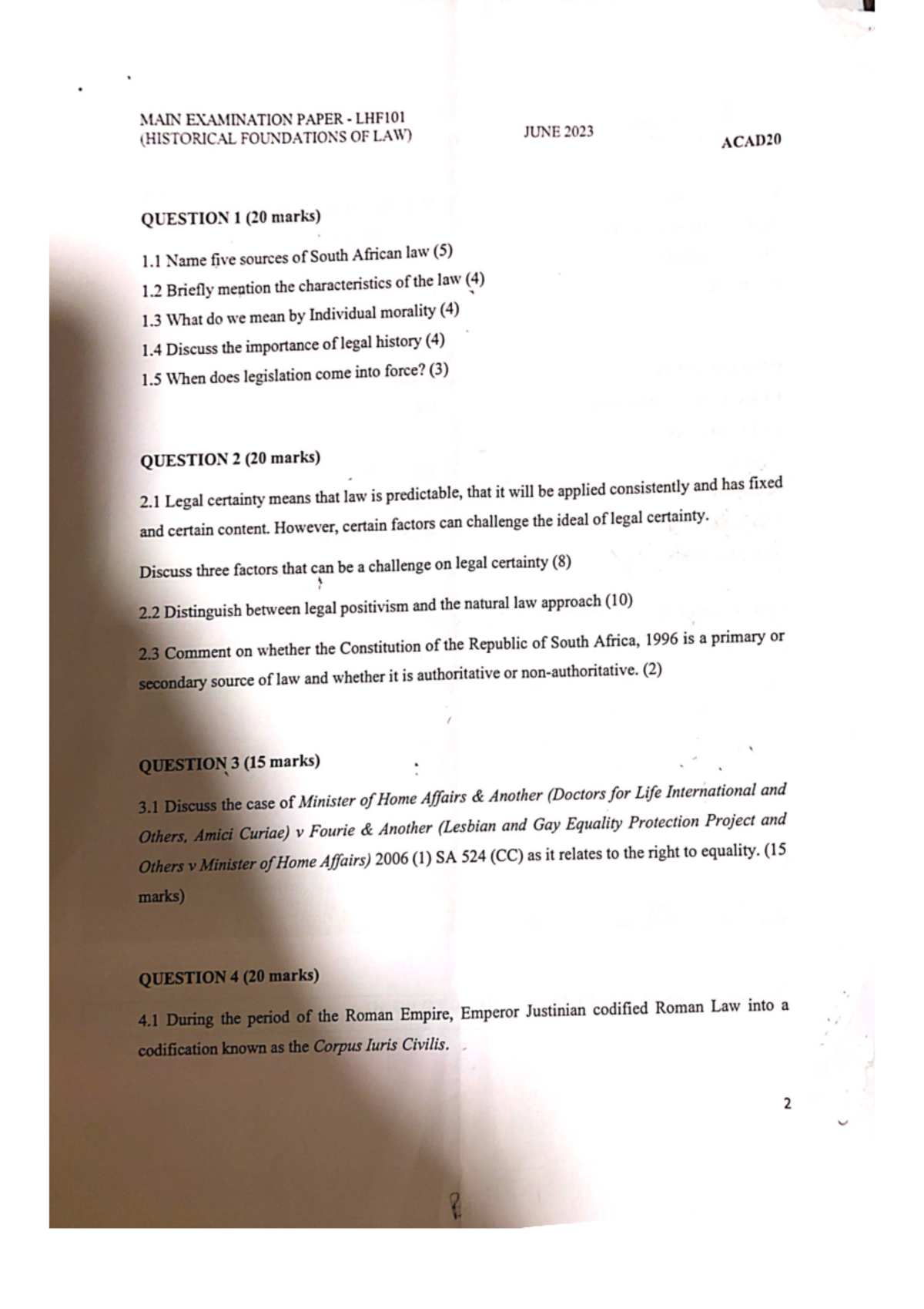LHF Exam - Historical foundations of law question paper June 2023 ...