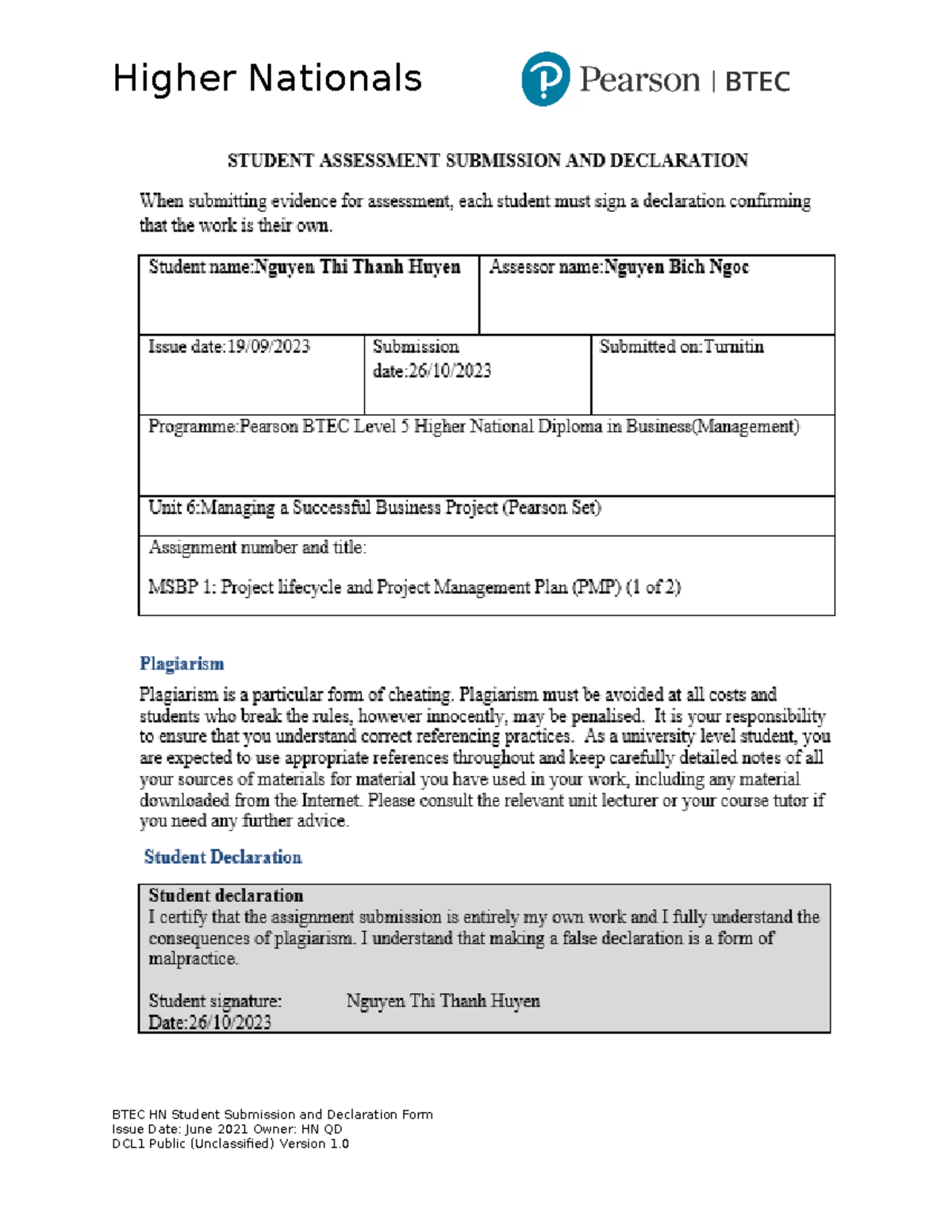 MSBP Draft P1 5 1 - BTEC HN Student Submission and Declaration Form ...