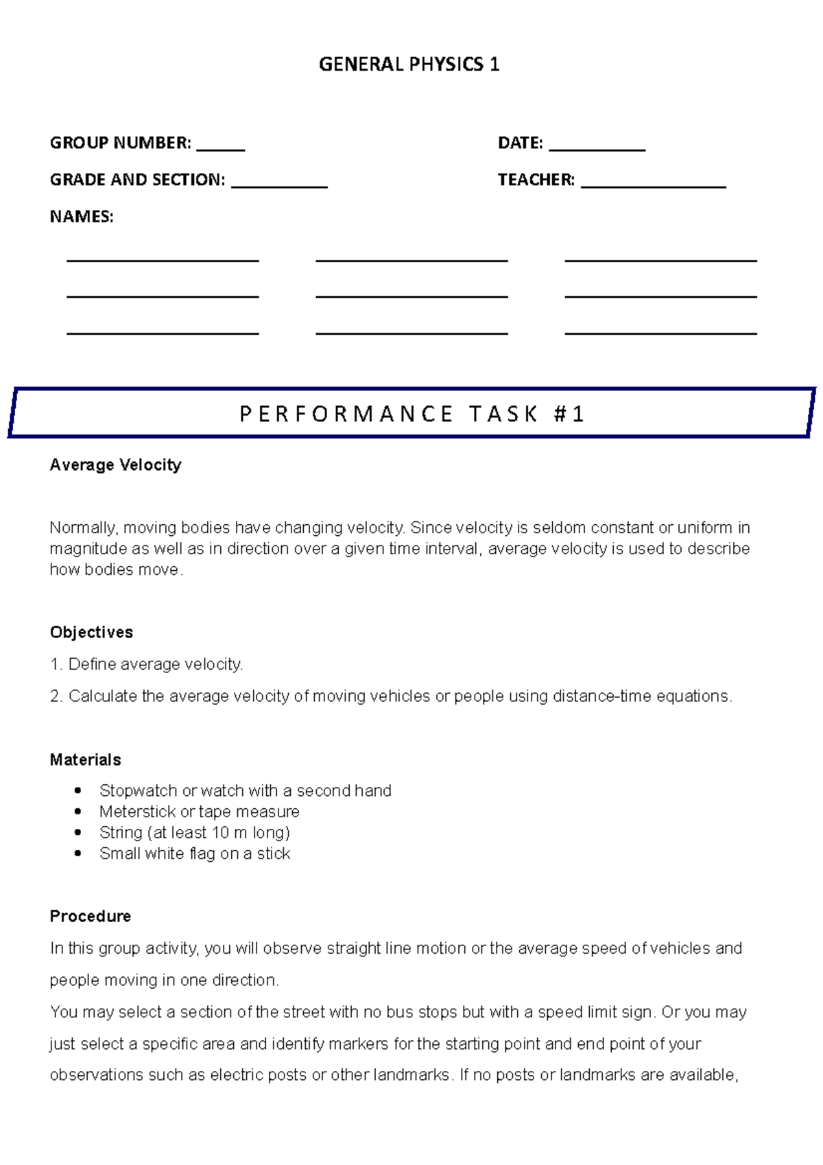 General Physics 1 Performance TASK - GENERAL PHYSICS 1 GROUP NUMBER ...