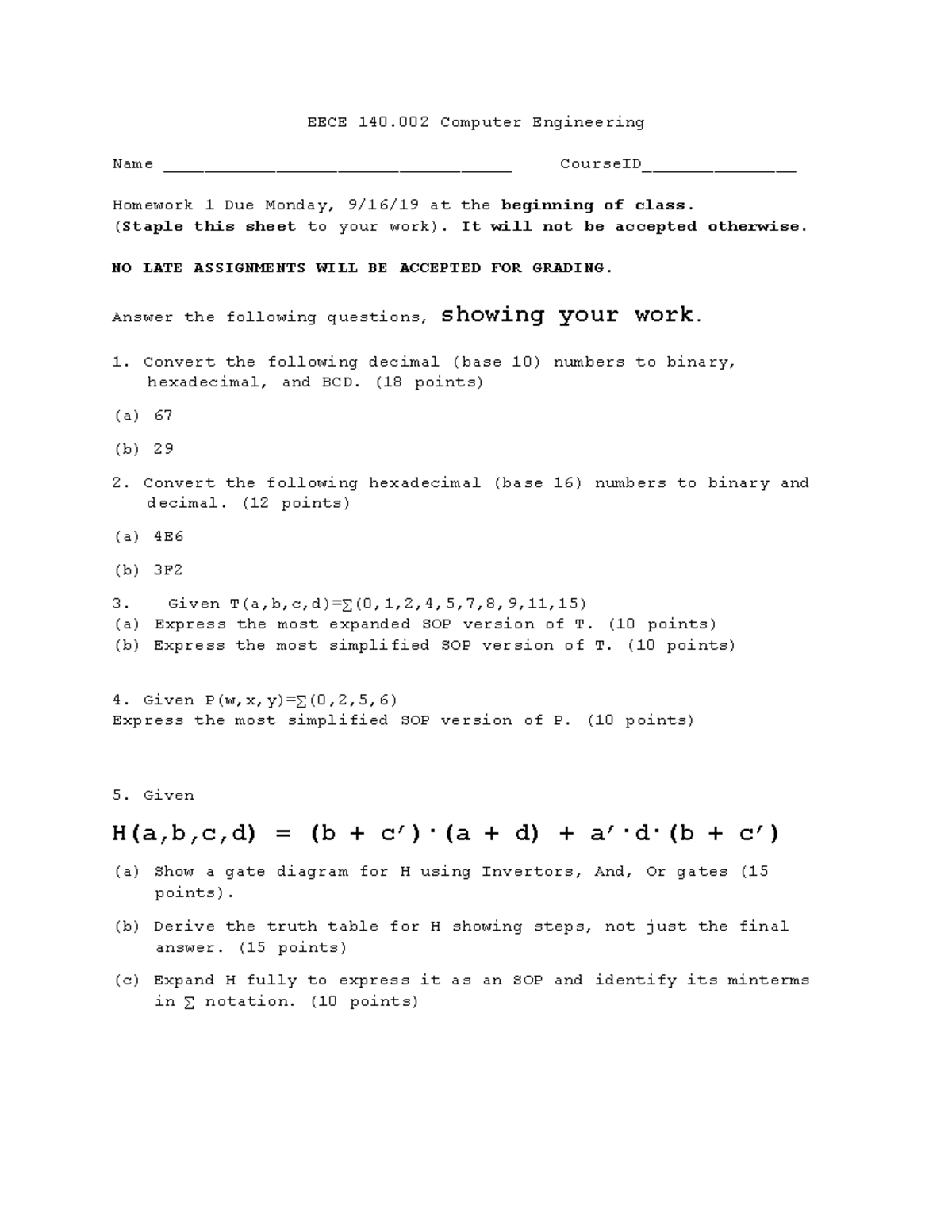 HW1 - This is HW1 for EECE 140. - EECE 140 Computer Engineering Name - Studocu