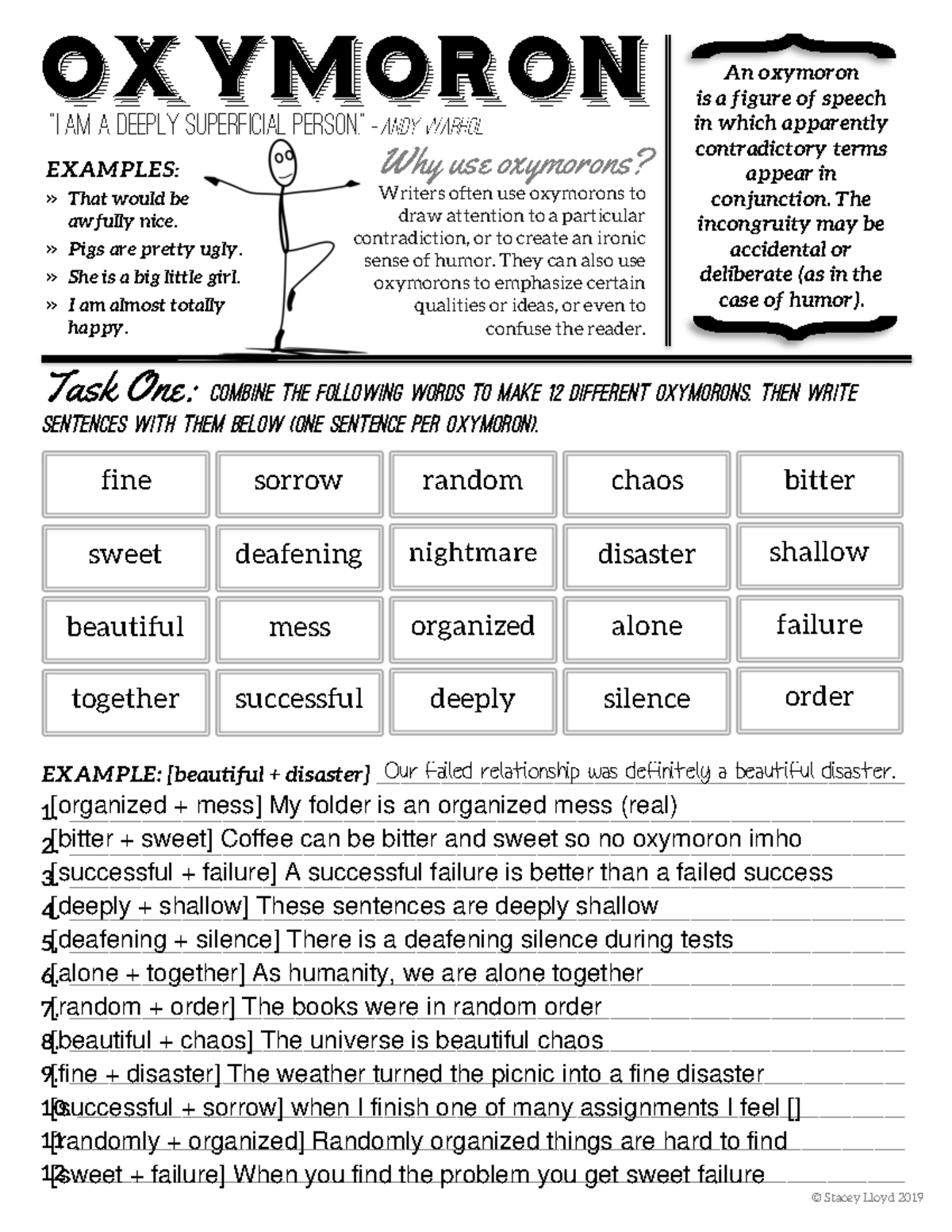Oxymorons and sh - © Stacey Lloyd 2019 Task One: Combine the following ...