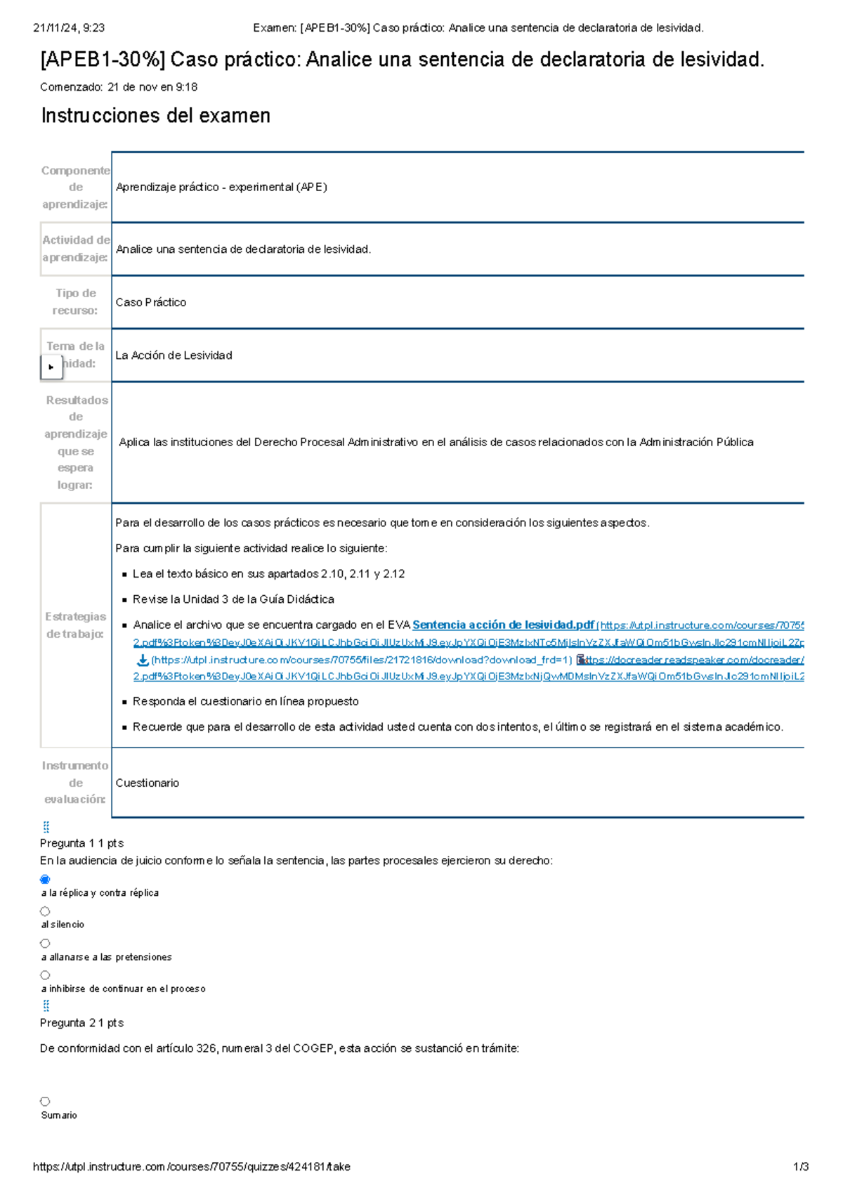 Examen [APEB 1-30%] Caso práctico Analice una sentencia de declaratoria de lesividad - Comenzado ...