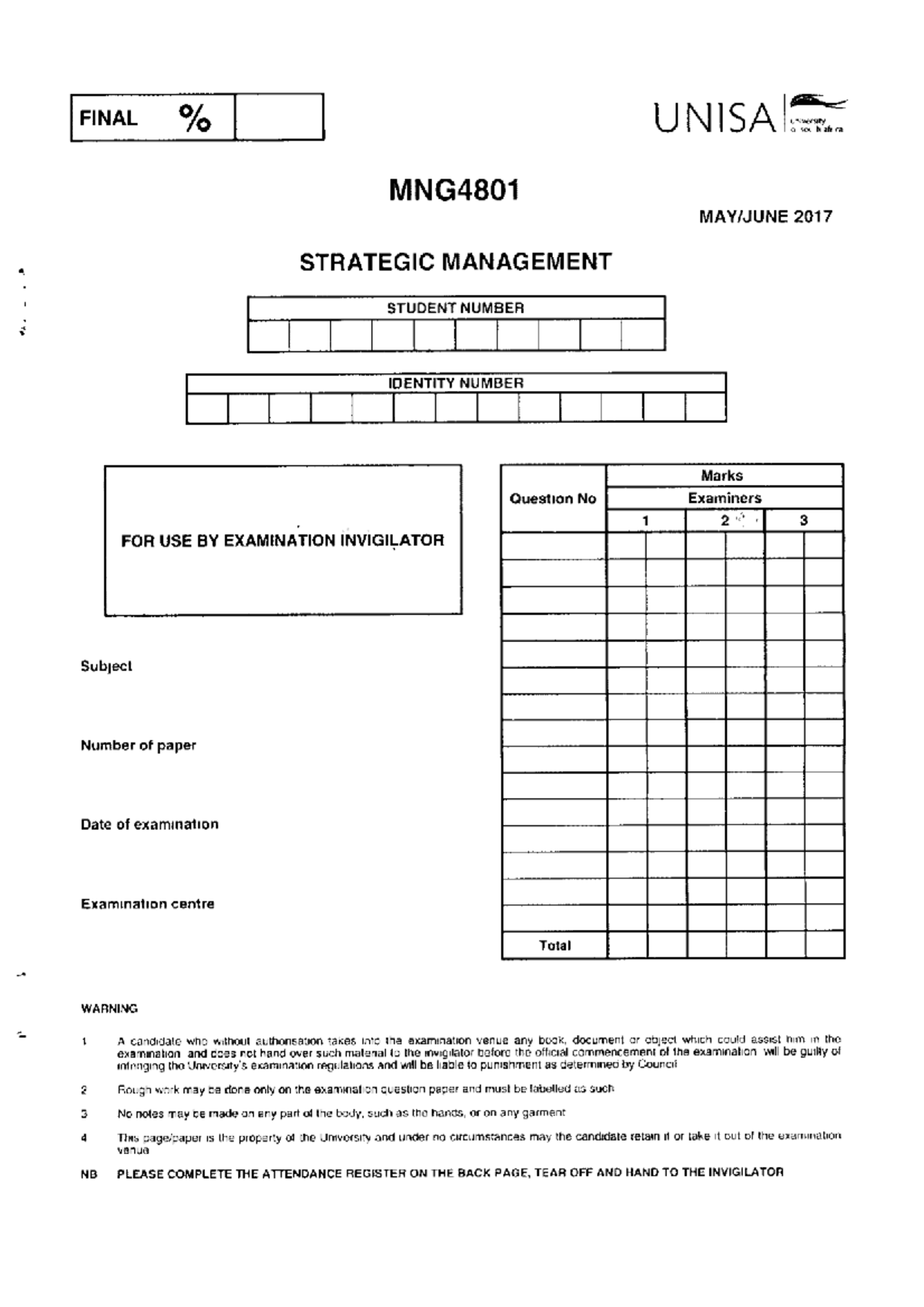 MNG8401 Exam 1 May 2017, questions - MNG4801 - Studocu