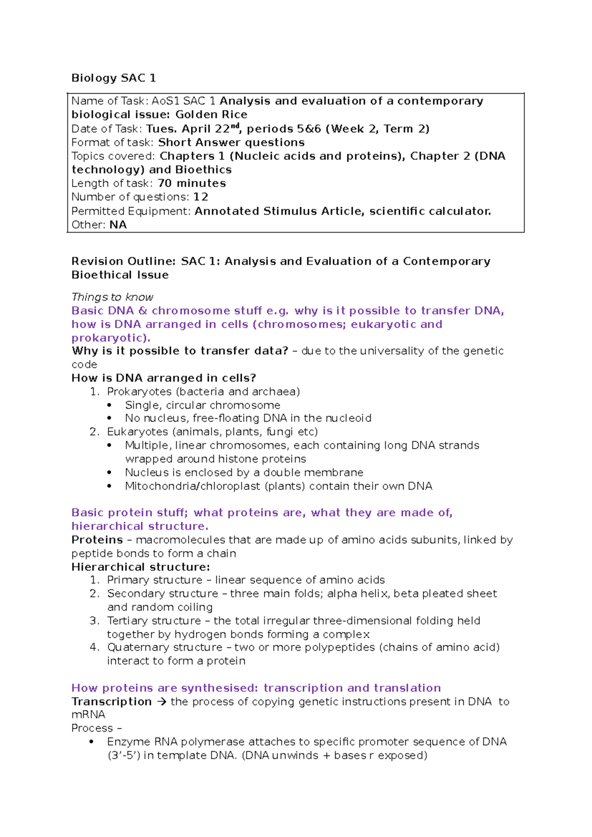 U3Ao S1 Biology SAC 1 2024 Revision - Biology SAC 1 Name of Task: AoS1 ...