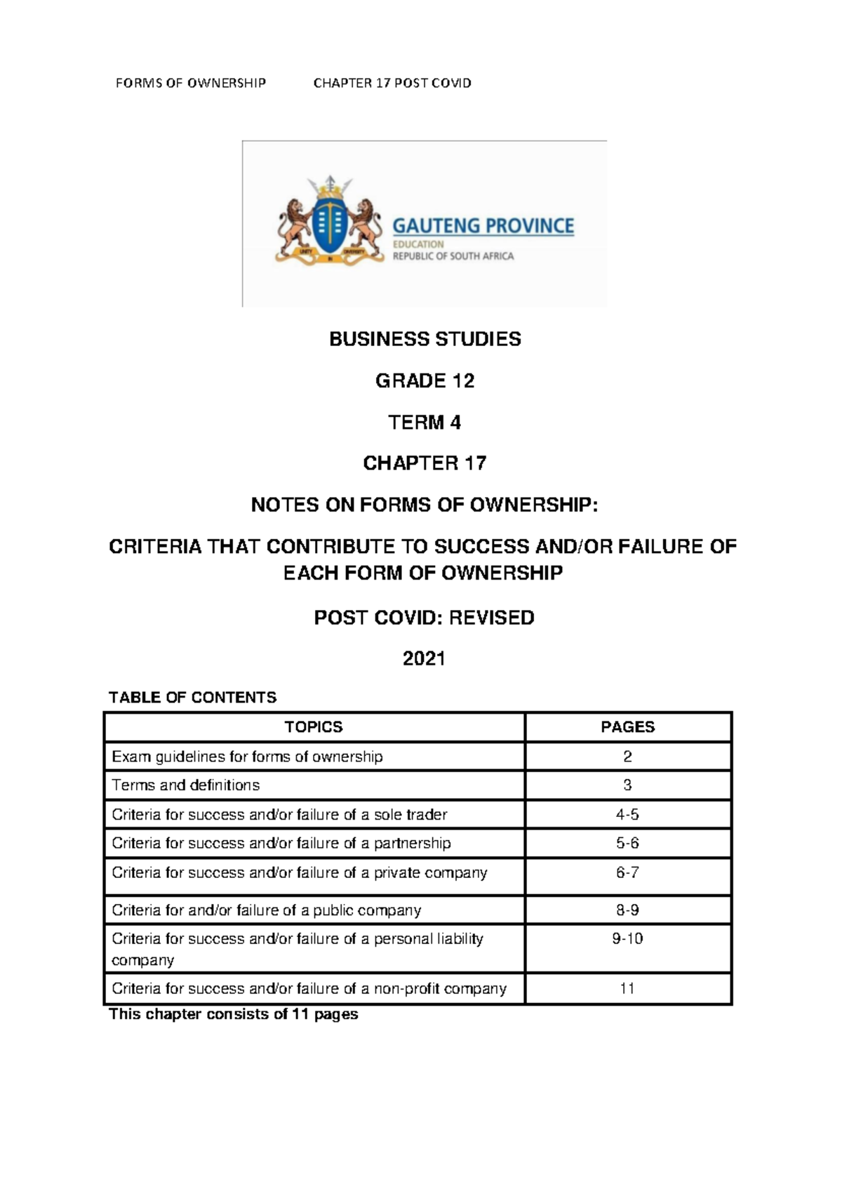 Revised Chapter 17 Business Studies Grade 12 Notes ON Forms OF ...