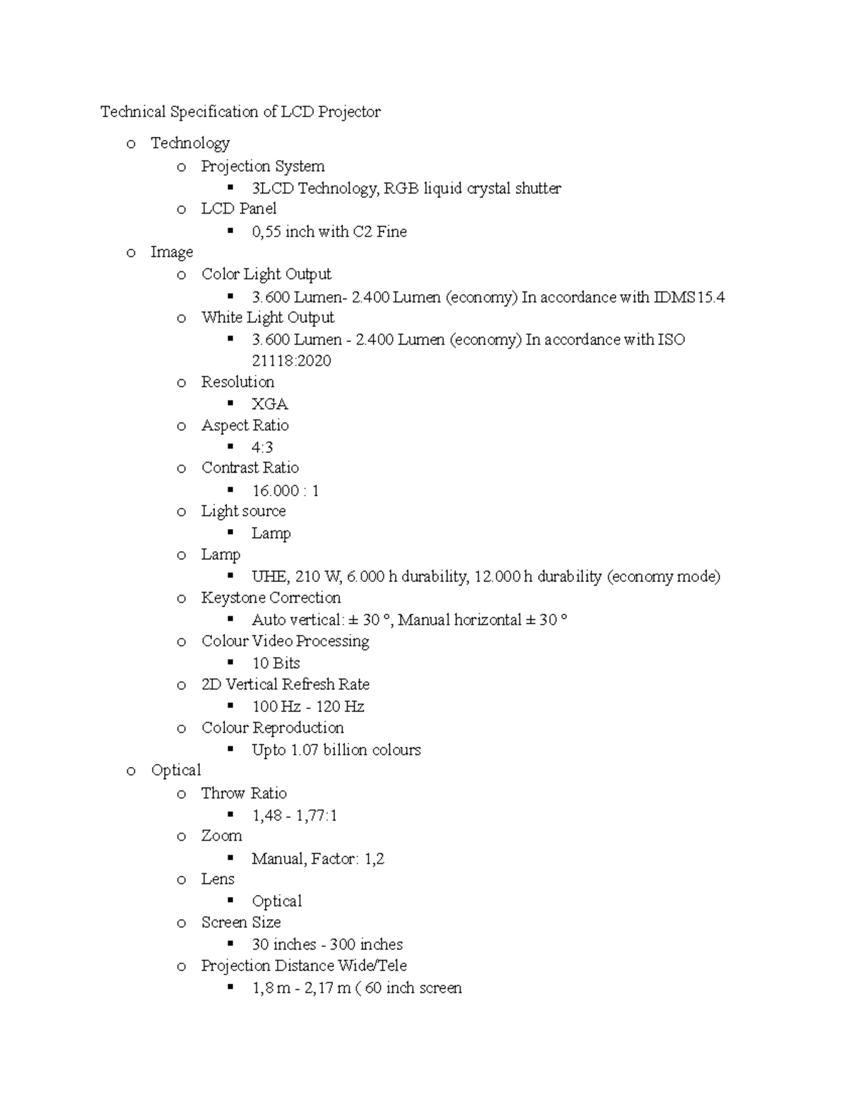 Technical Specification of LCD Projector - o White Light Output 3 Lumen ...