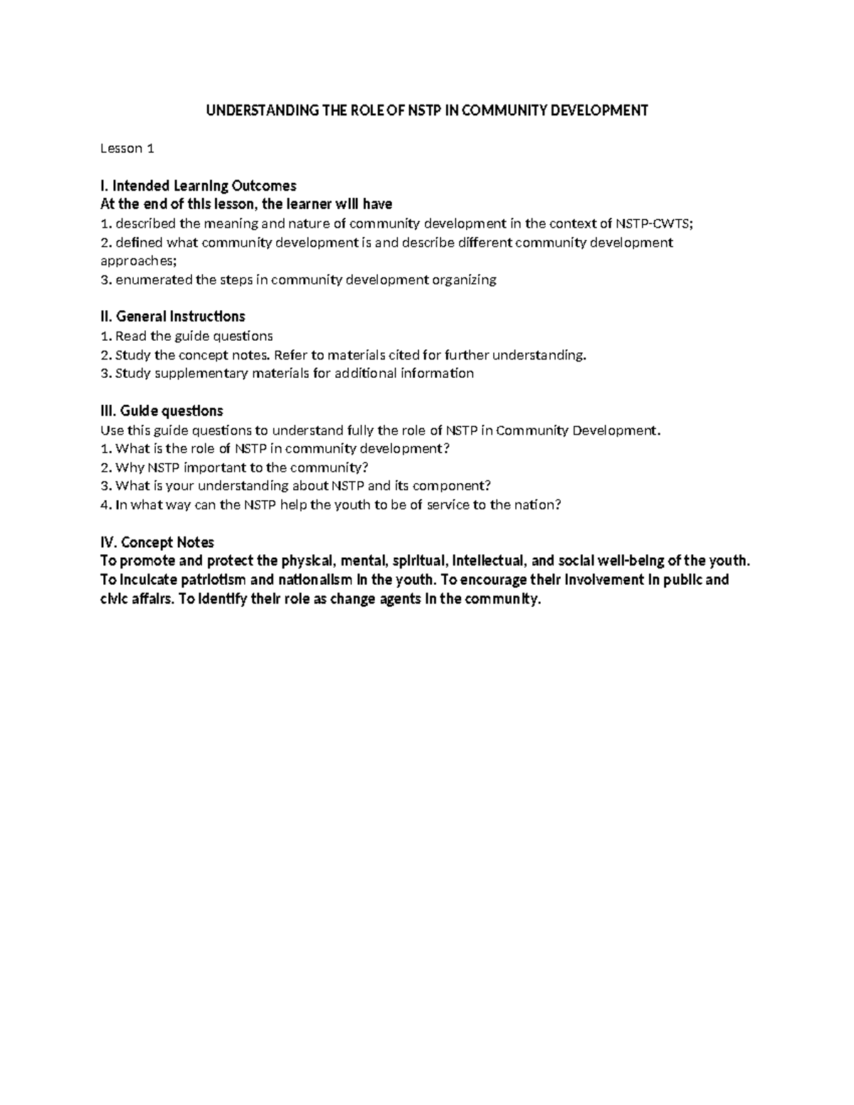 L1 Lesson - Summary National Service Training Program - Civic Welfare Training Service 1 - - Studocu