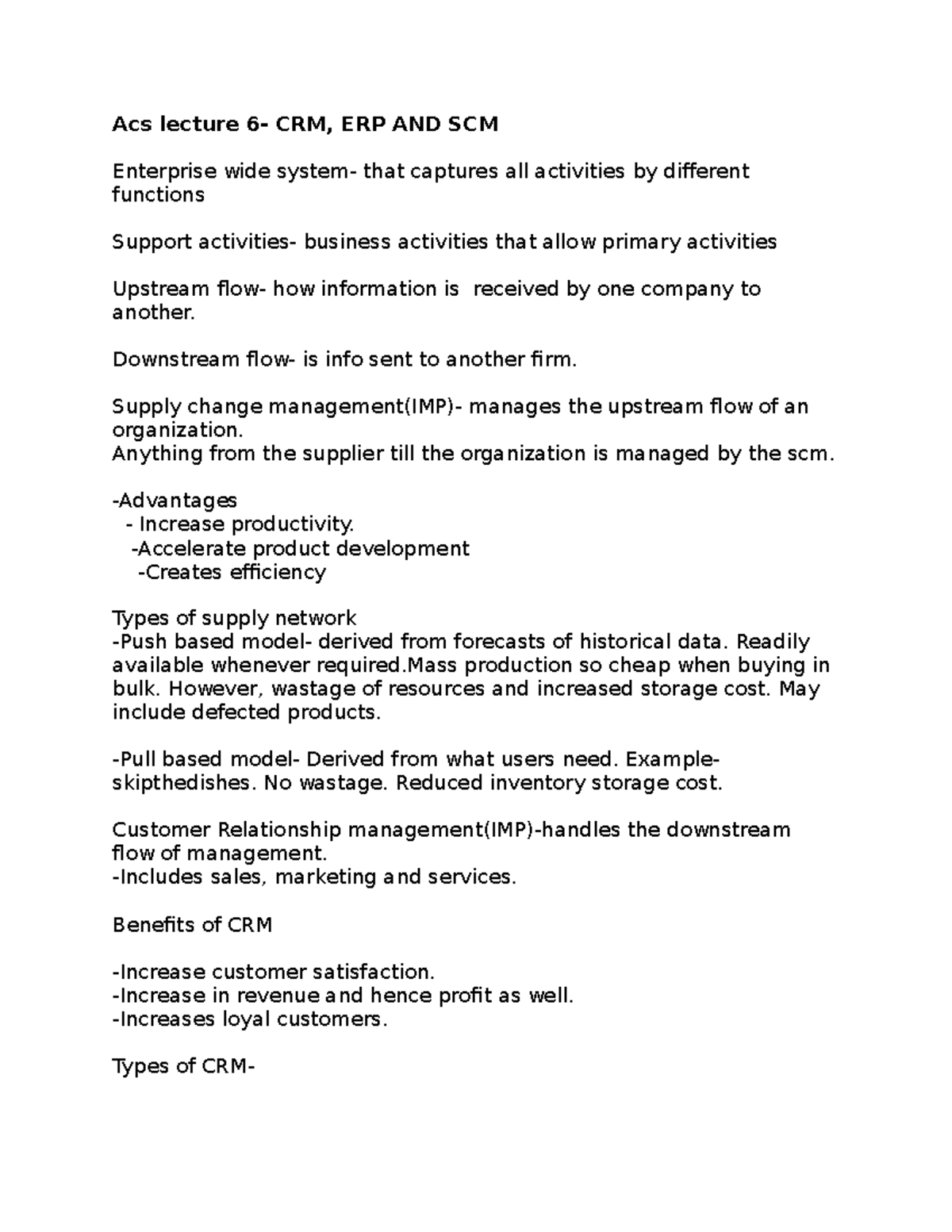 Acs lecture 6 Supply chain management, customer relationship management and the enterprise ...