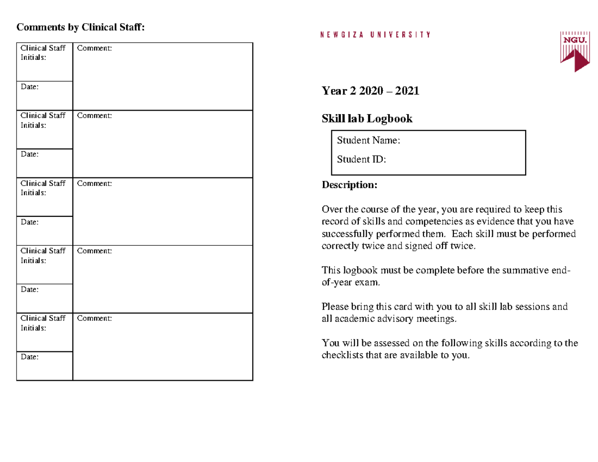 Year 2 logbook - Comments by Clinical Staff: Clinical Staff Initials ...