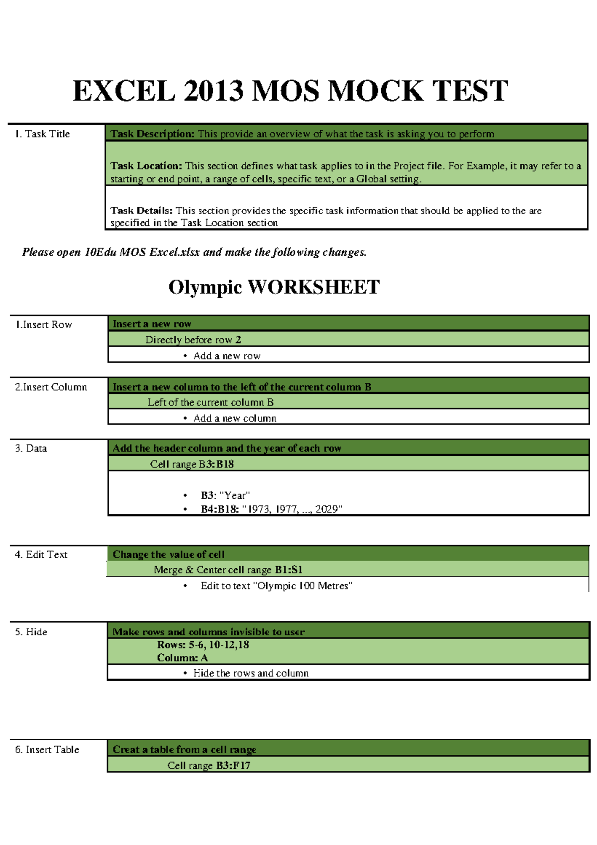 [MOS Excel] Mock Test Giảng - EXCEL 2013 MOS MOCK TEST Task Title Task ...
