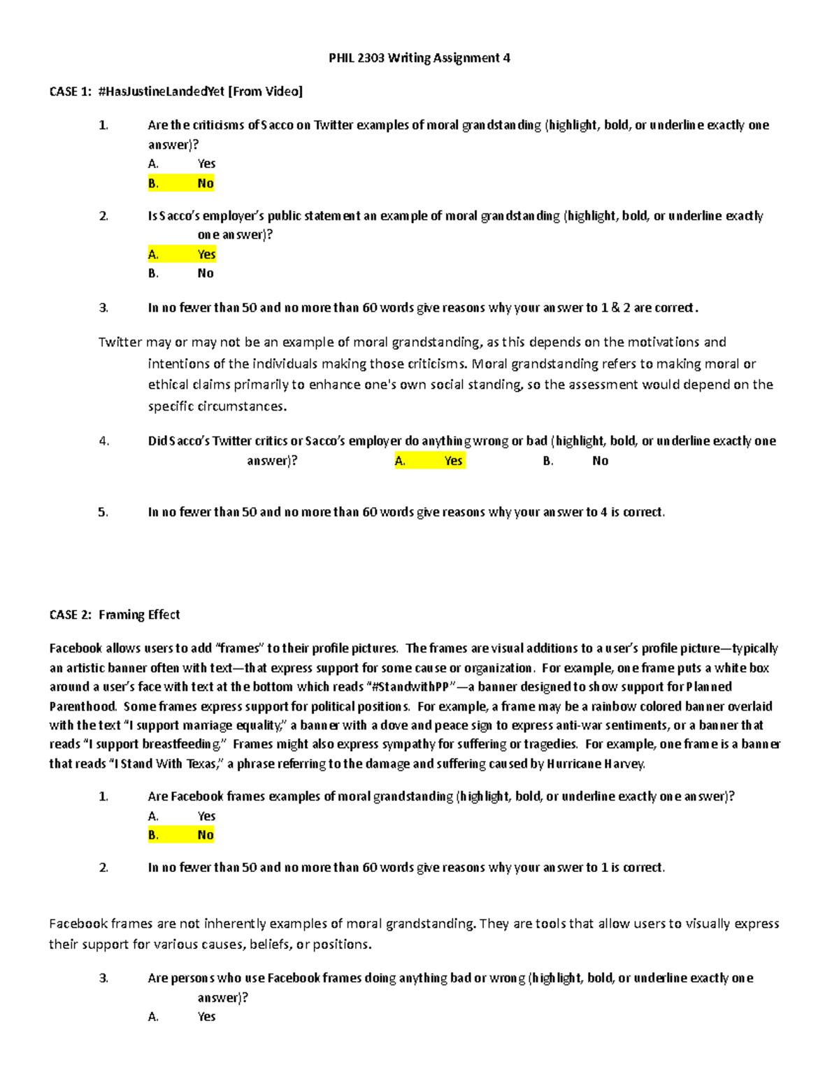 PHIL 2303 WA4 - assignments - PHIL 2303 Writing Assignment 4 CASE 1: #HasJustineLandedYet [From ...