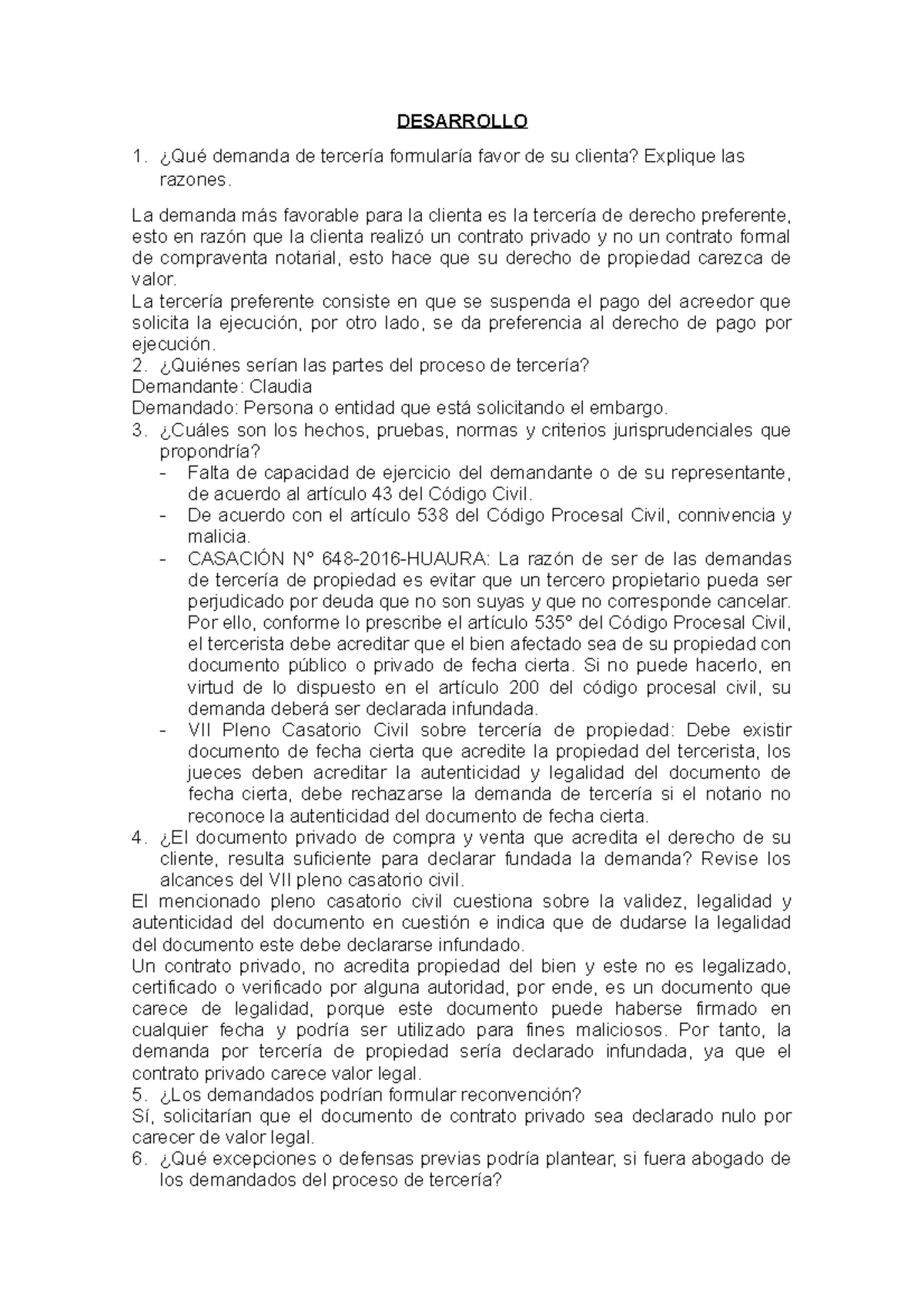 UC PA2 DPC1 - .zxczxcsasdasd - DESARROLLO ¿Qué demanda de tercería ...