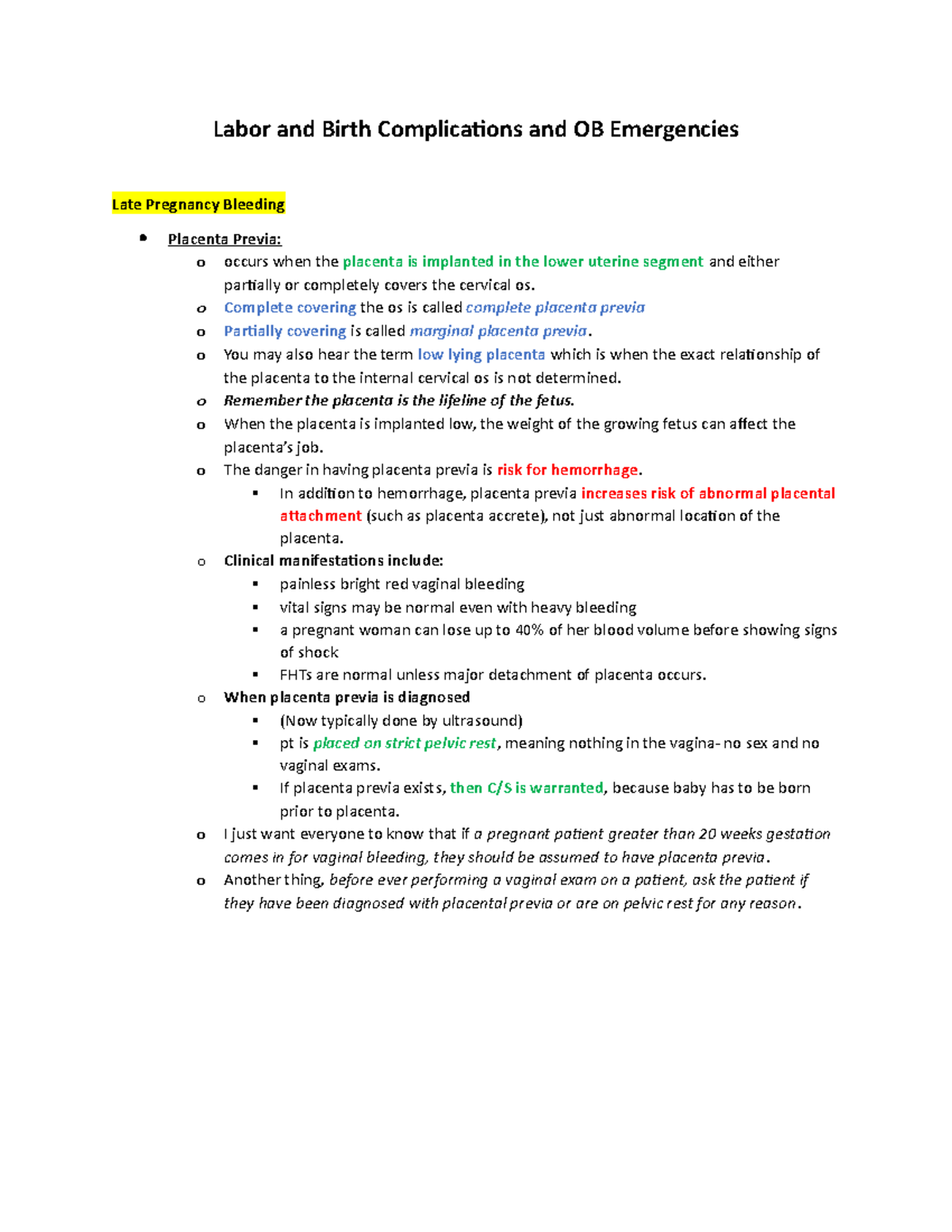 Labor and Birth Complications and OB Emergencies - o Complete covering ...