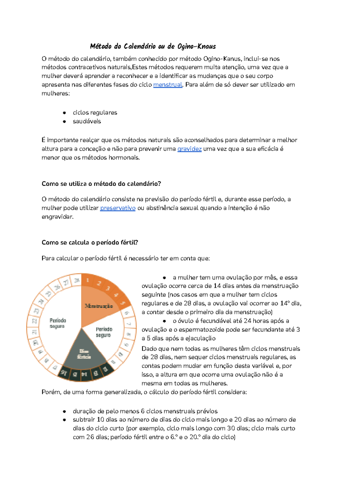 métodos contracetivos naturais - Método do Calendário ou de Ogino-Knaus ...