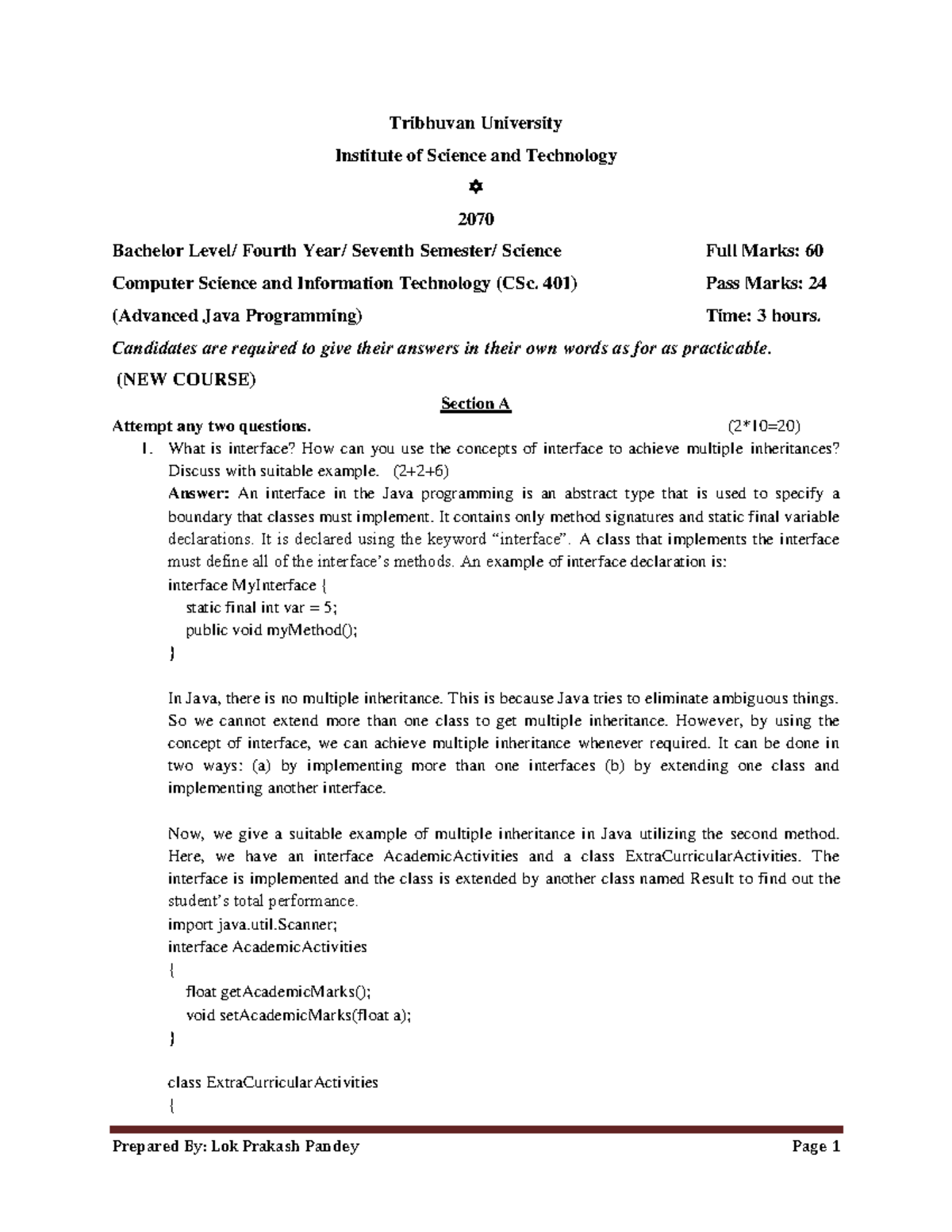 Solution of TU Exam Question 2070 - Tribhuvan University Institute of ...