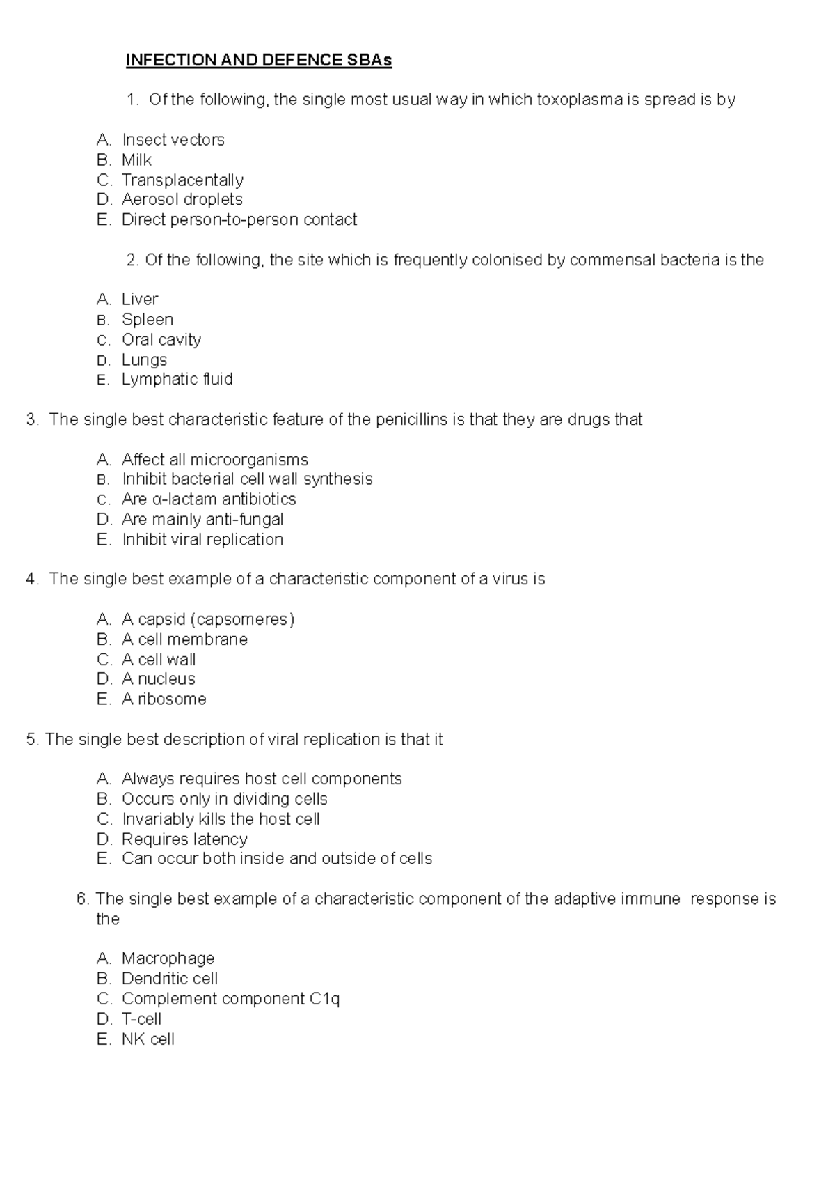 I&D SBAs - SBA practice questions on Infection and Defense - INFECTION ...