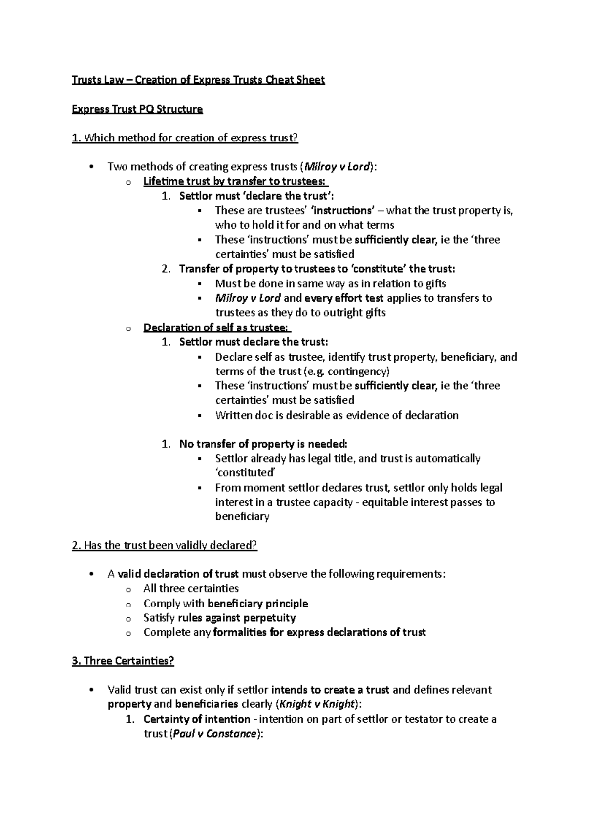 Trusts Law – Creation of Express Trusts Cheat Sheet - Settlor must ...