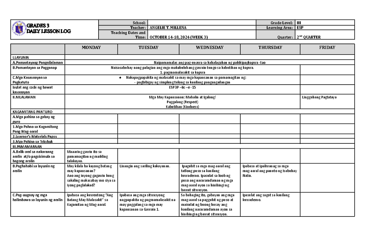 DLL ESP 3 Q2 W3 - Dhrdc students - GRADES 3 DAILY LESSON LOG School ...