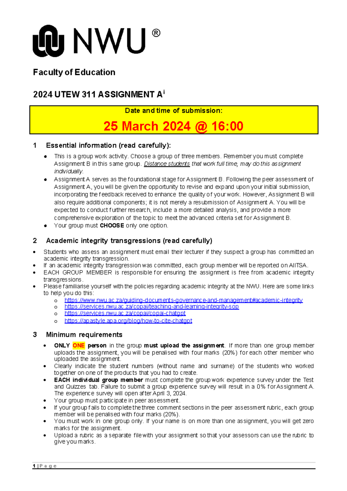 2024 UTEW 311 Assignment A - Faculty of Education 2024 UTEW 311 ...