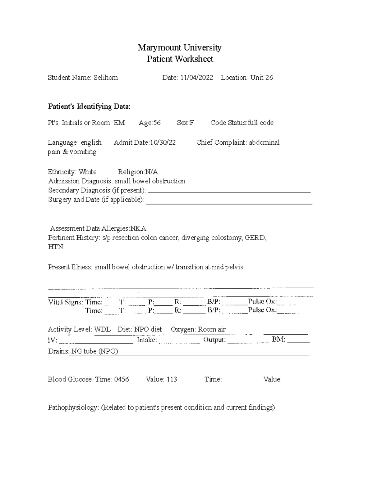 Patient Worksheet - Clinical careplan - Marymount University Patient ...