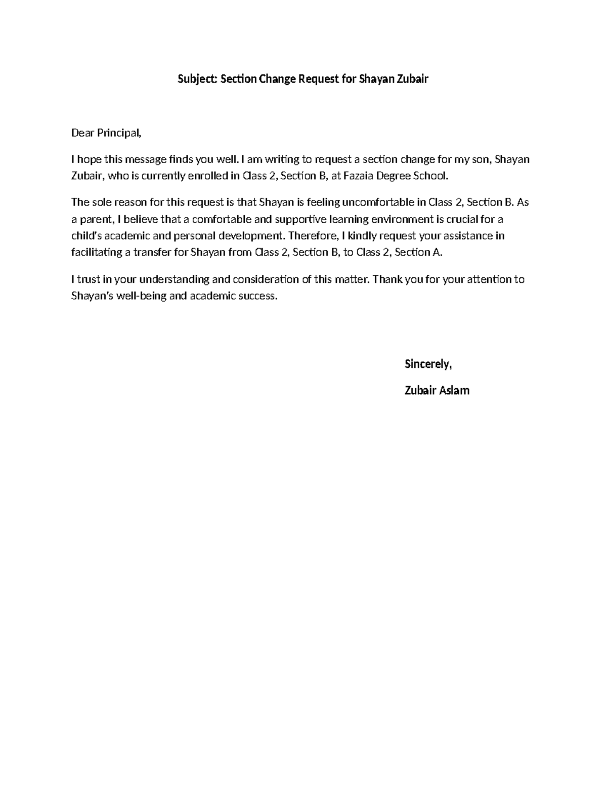 Section change application - Subject: Section Change Request for Shayan ...