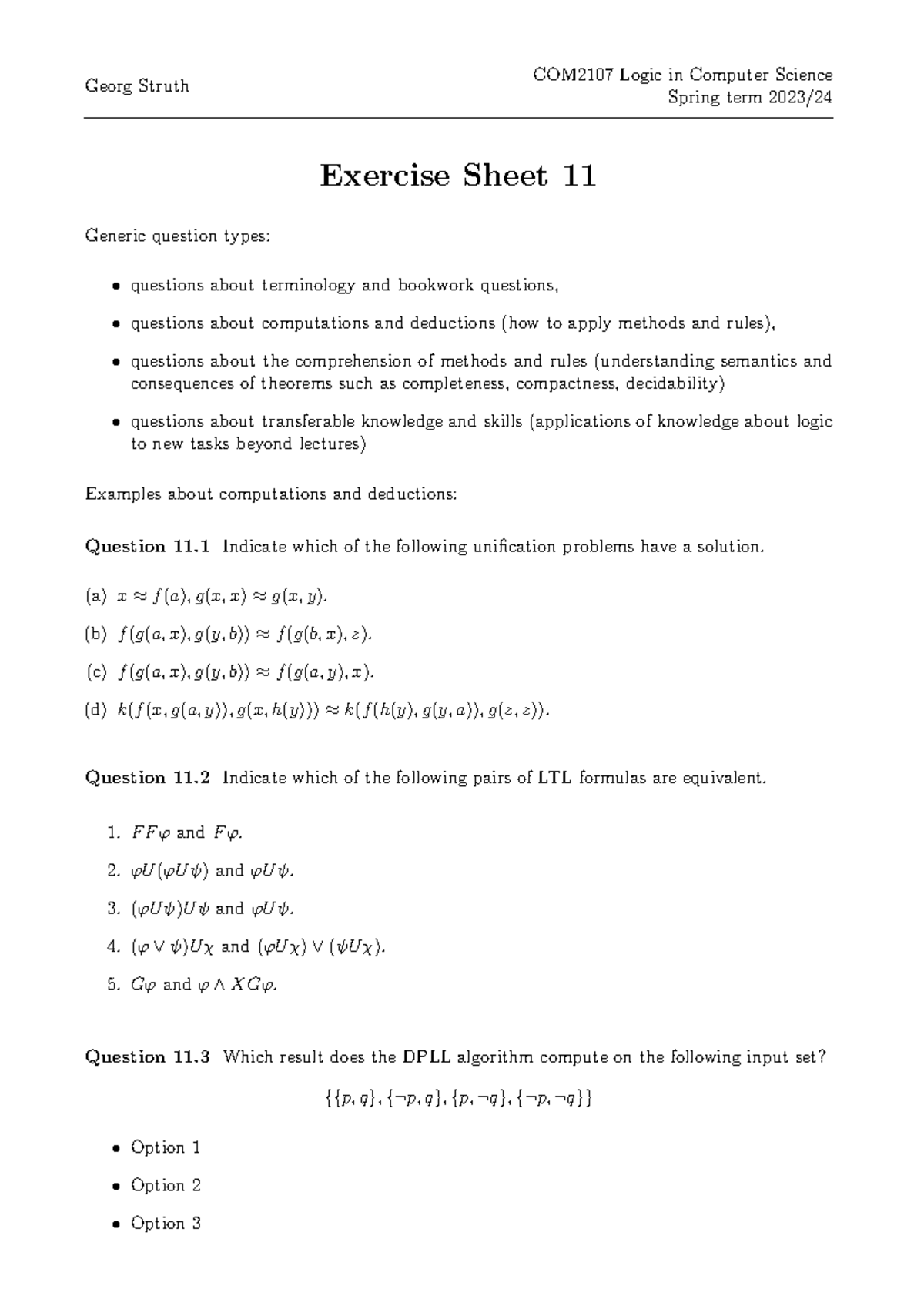 012 Exercise - Georg Struth COM2107 Logic in Computer ScienceSpring term 2023/ Exercise Sheet 11 ...