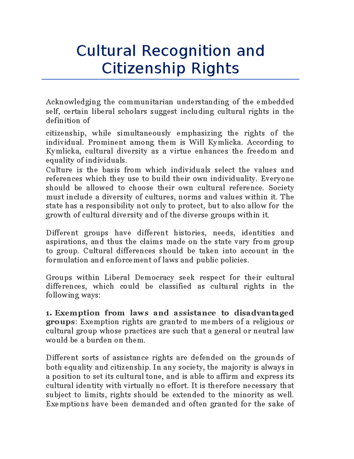 Cultural Recognition and Citizenship Rights - Cultural Recognition and ...