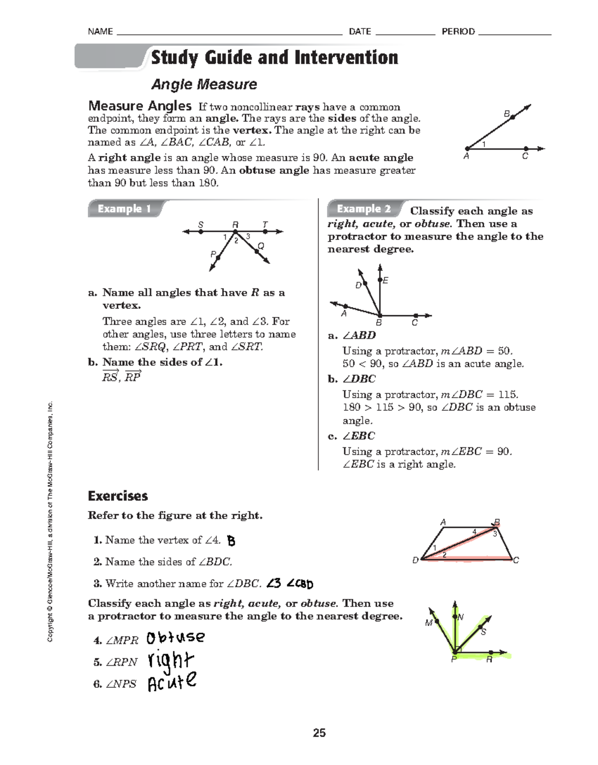 Angle measurement 1st practice - Copyright © Glencoe/McGraw-Hill, a ...