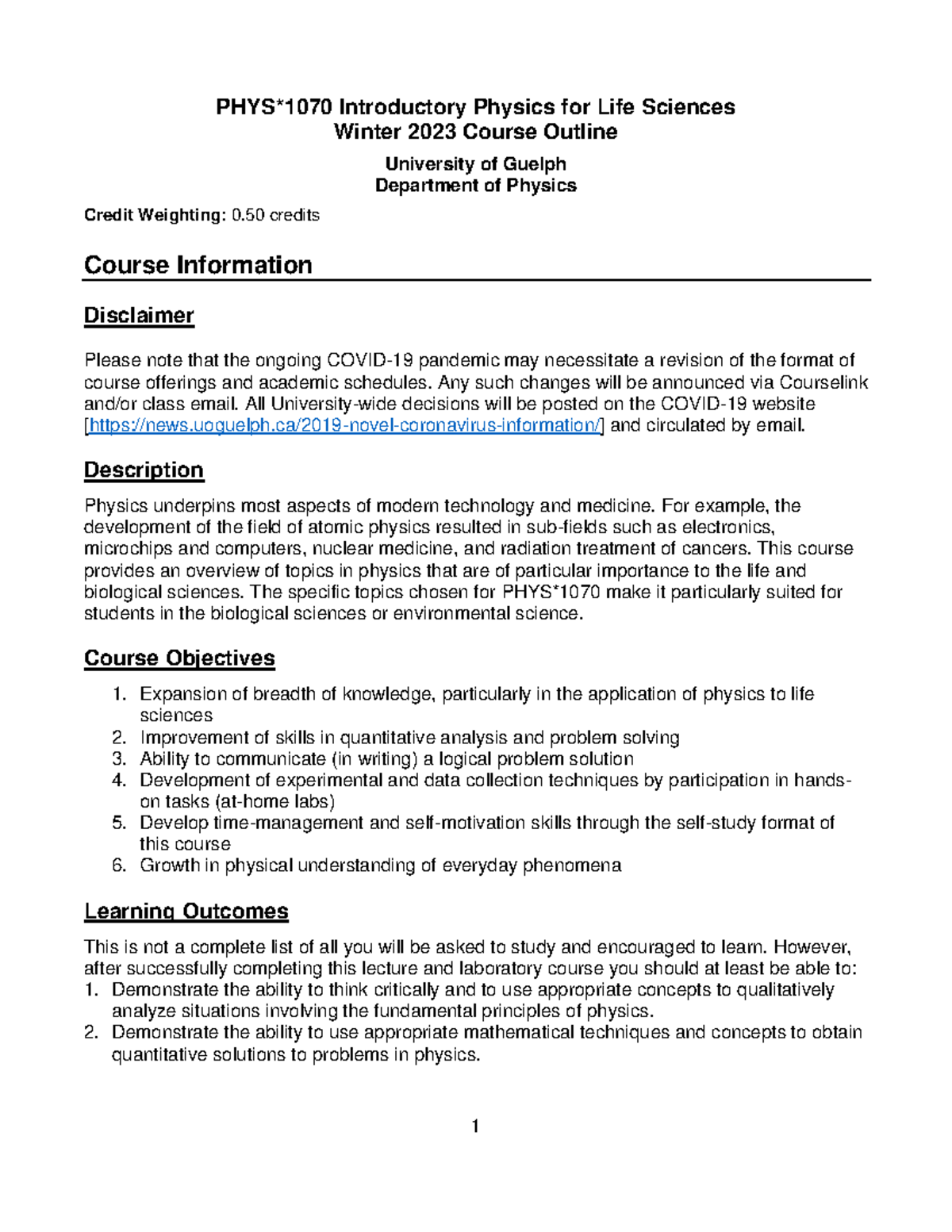 PHYS1070W23 - Outline - PHYS*1070 Introductory Physics for Life Sciences Winter 2023 Course ...