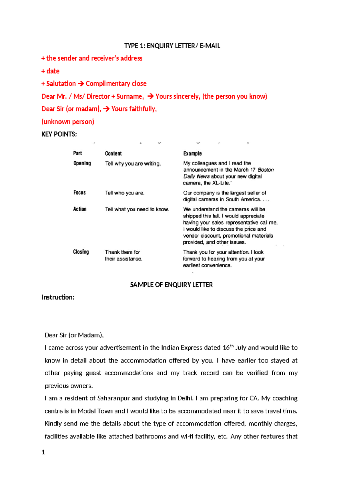 Kinds of business letter - TYPE 1: ENQUIRY LETTER/ E-MAIL the sender ...