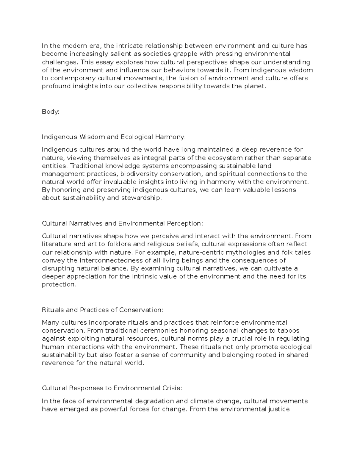 Cultivating Environmental Consciousness Through Cultural Lens - In the ...