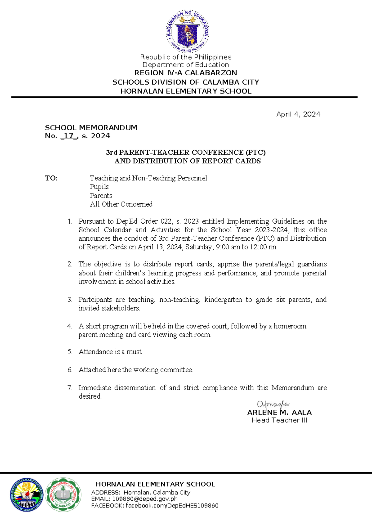 School Memo #17-3nd PTC - Republic of the Philippines Department of ...