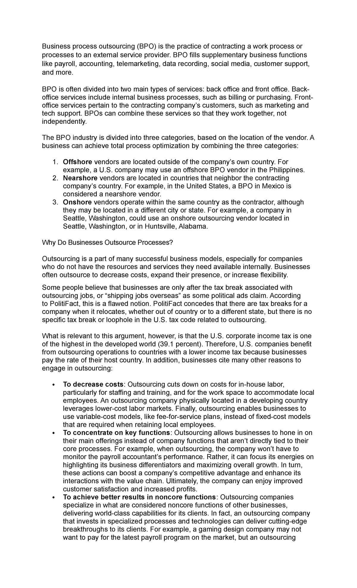 BPO-102- Reviewer - Business process outsourcing (BPO) is the practice ...