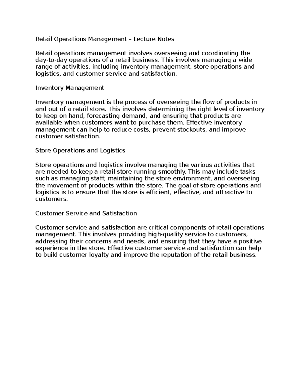 Retail Operations Management Lecture Notes - Retail Operations ...