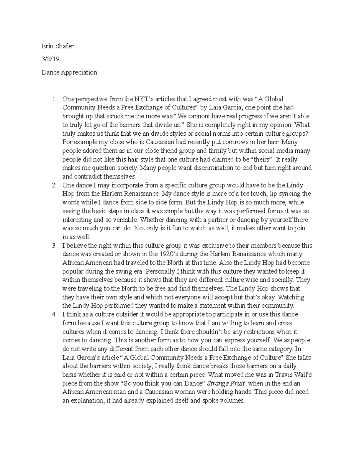 Dance appreciation week5 - Erin Shafer 3/8/ Dance Appreciation One ...