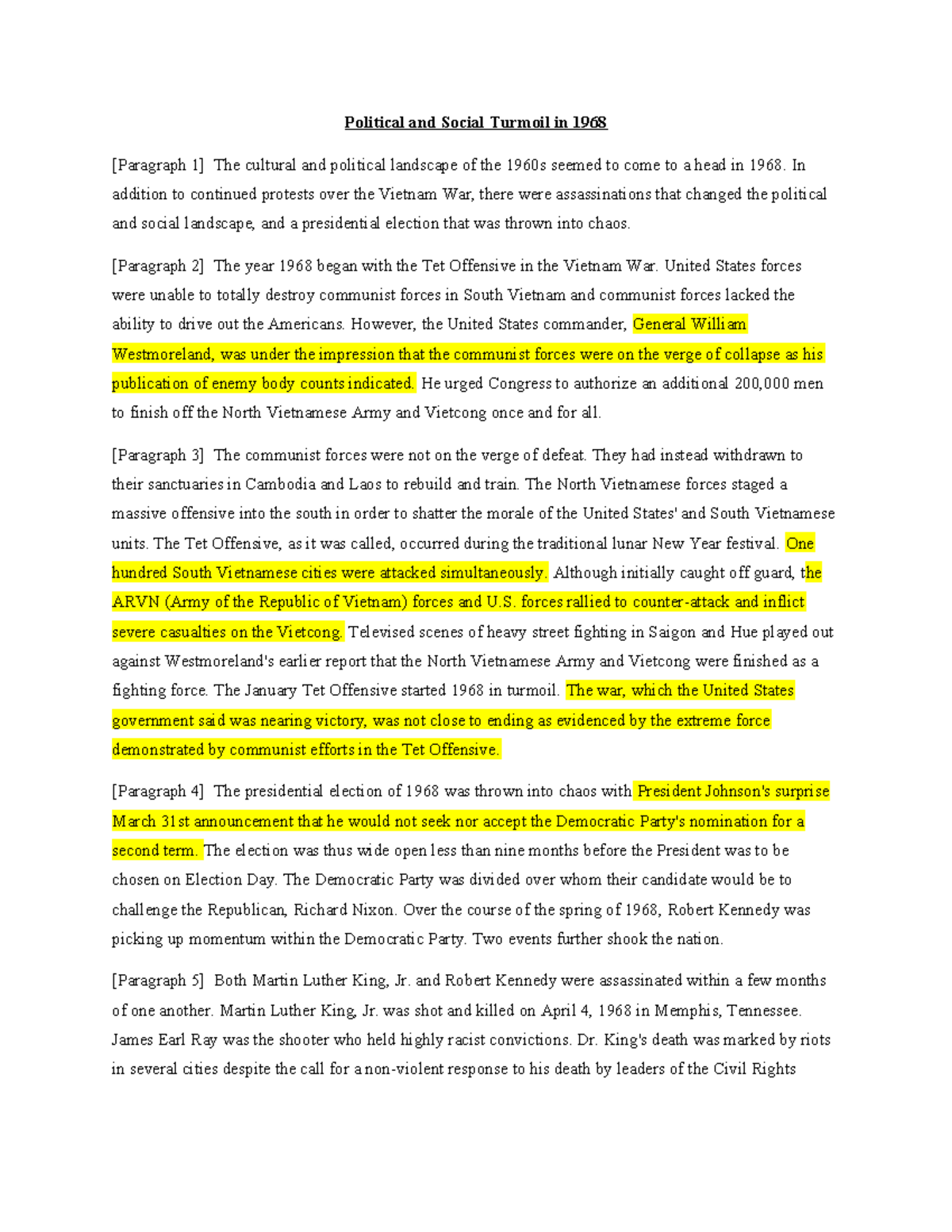 Political and Social Turmoil in 1968 Reading and Questions - Political ...