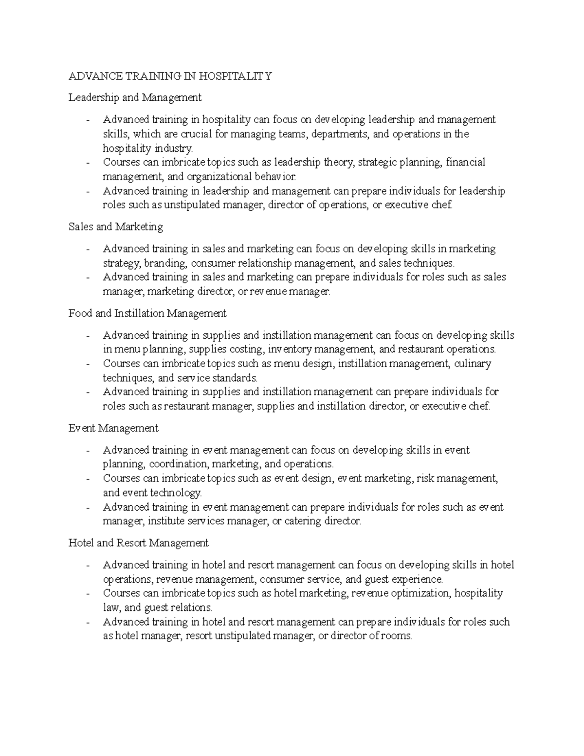 Advance Training IN Hospitality Notes 1 - ADVANCE TRAINING IN ...