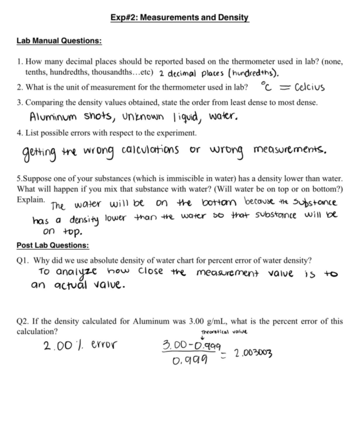 Chemistry experiment 2 - Measurements and Density Lab Manual Questions ...