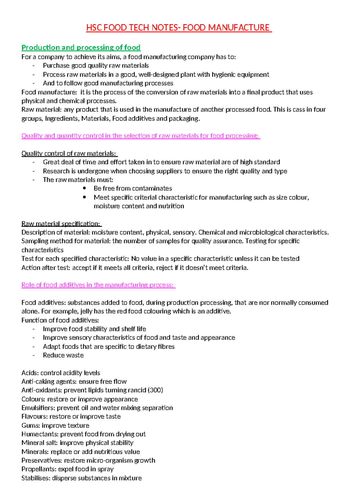 Food Manufacture Syllabus Notes - HSC FOOD TECH NOTES- FOOD MANUFACTURE ...